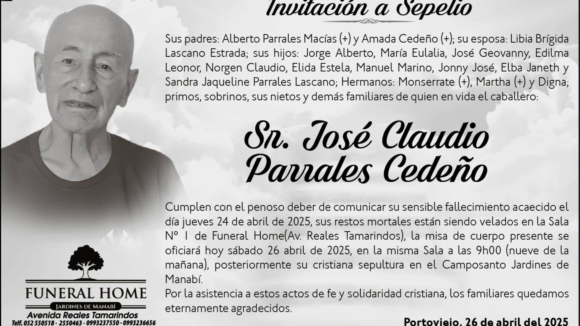 INVITACIÓN A SEPELIO: Sr. José Claudio Parrales Cedeño