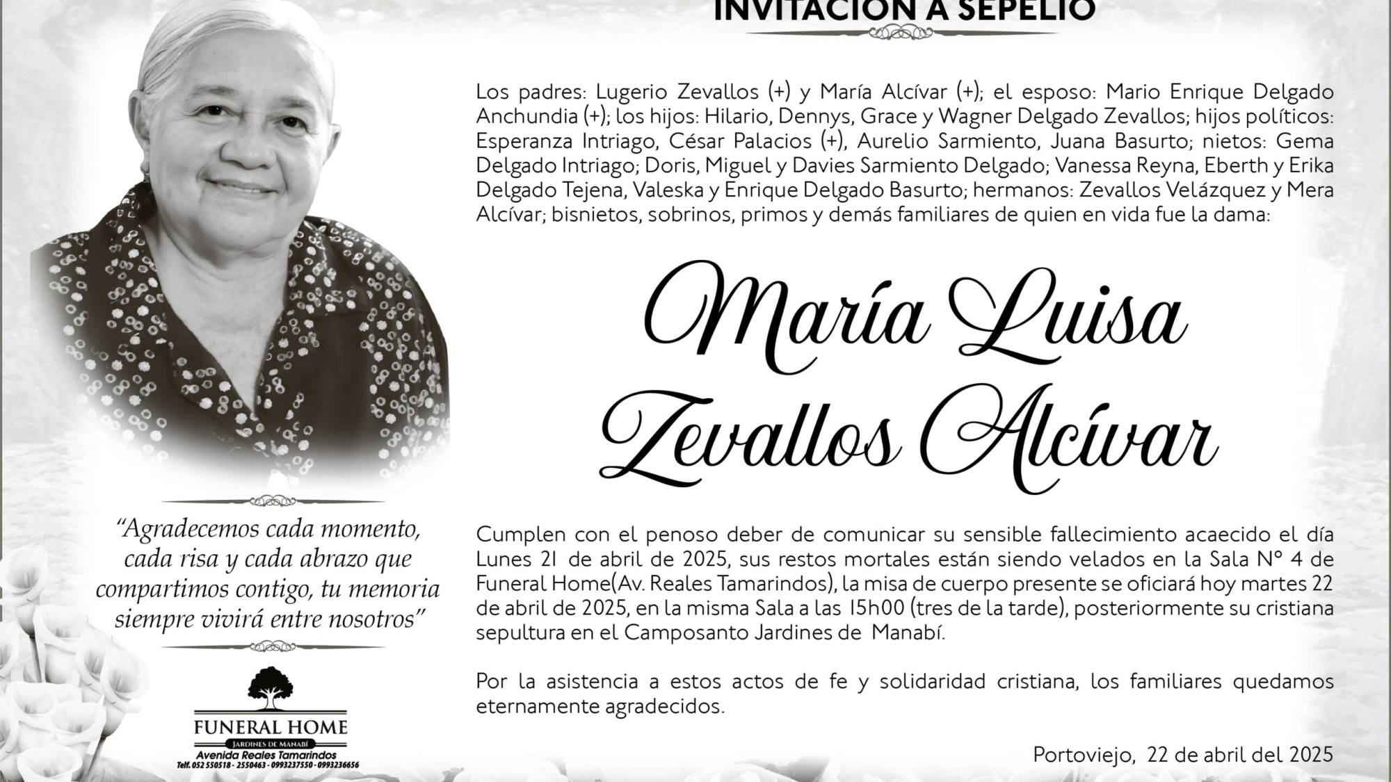INVITACIÓN A SEPELIO: Maria Luisa Zevallos Alcivar