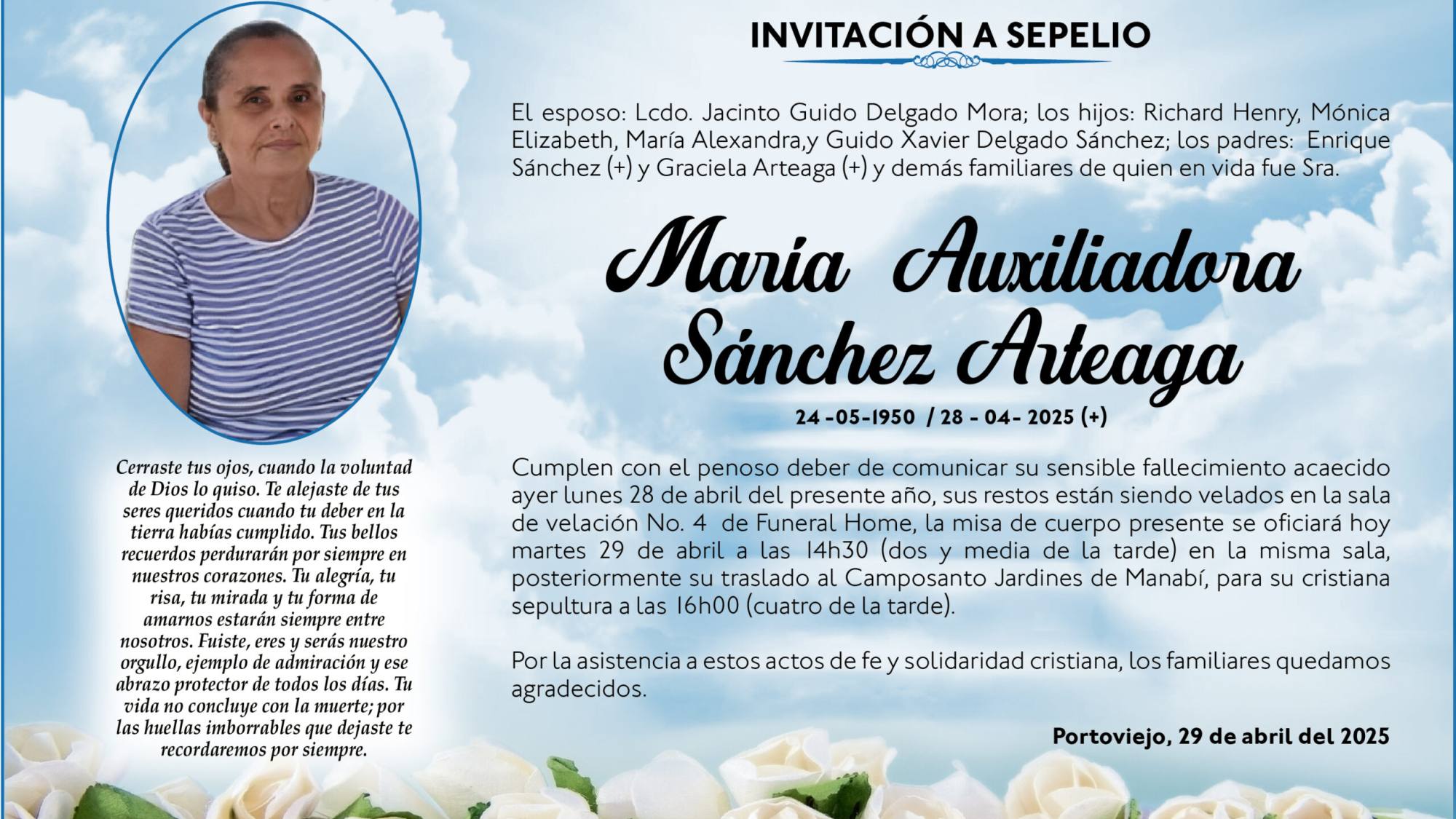 INVITACIÓN A SEPELIO: María Auxiliadora Sánchez Arteaga