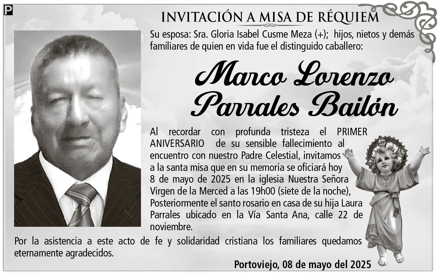 INVITACIÓN A MISA: Marco Lorenzo Parrales Bailón