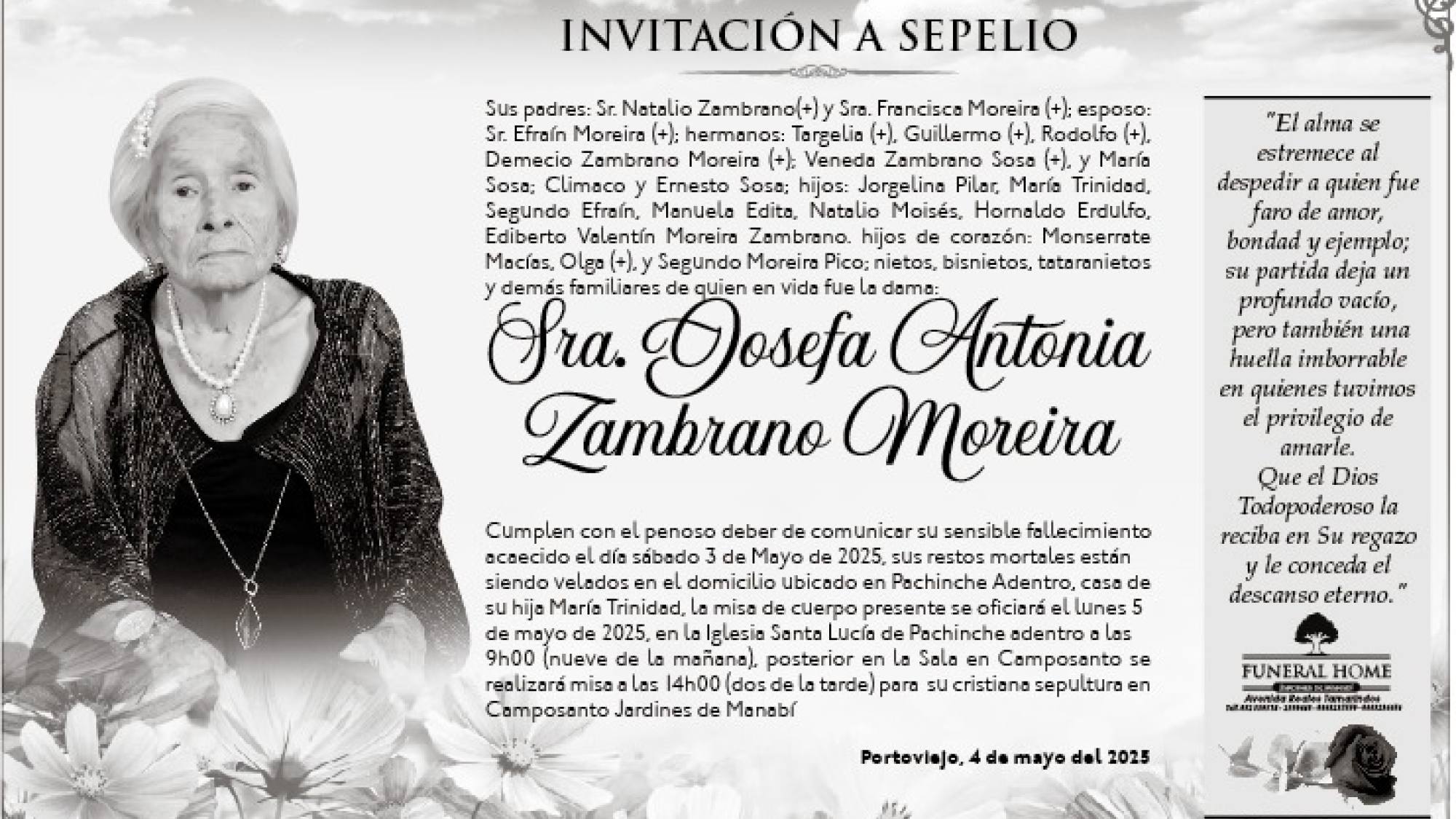 INVITACIÓN A SEPELIO: Josefa Antonia Zambrano Moreira