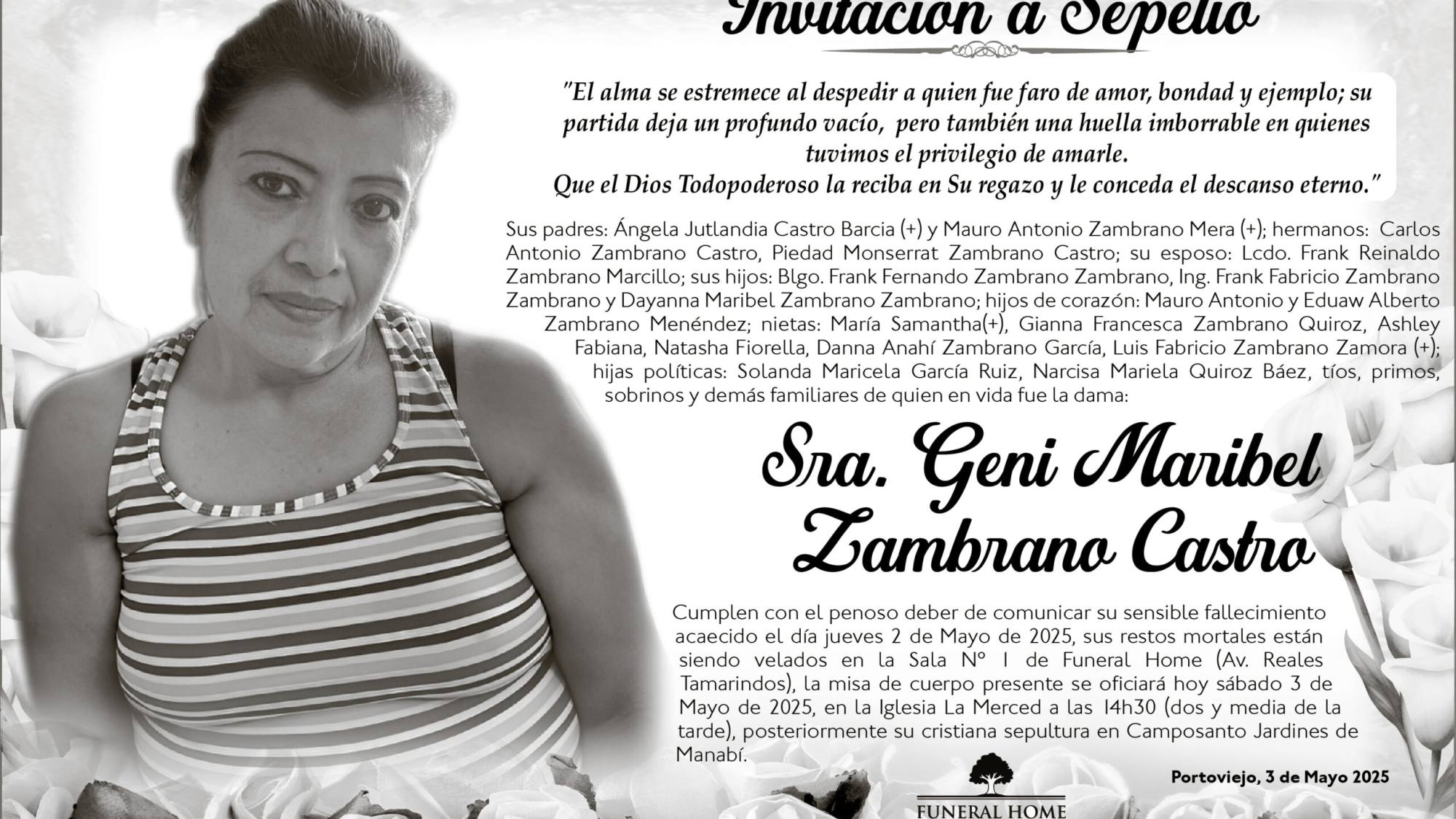 INVITACIÓN A SEPELIO: Geni Maribel Zambrano Castro