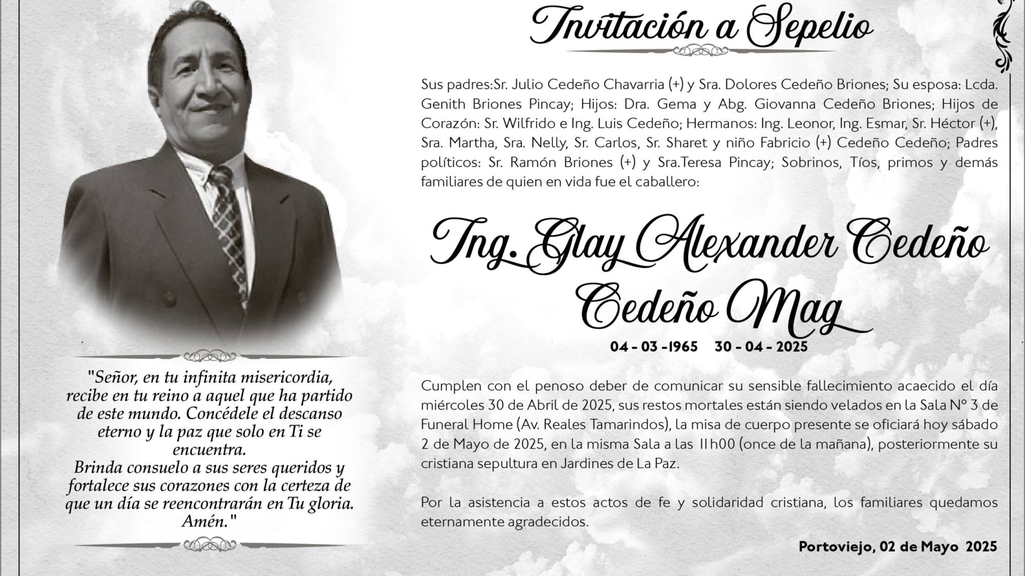 INVITACIÓN A SEPELIO: Glay Alexander Cedeño Cedeño