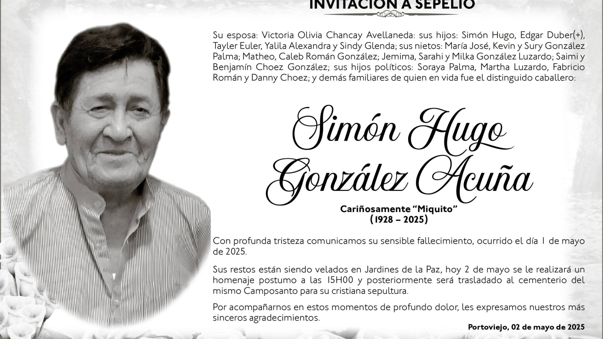 INVITACIÓN A SEPELIO: Simón Hugo González Acuña