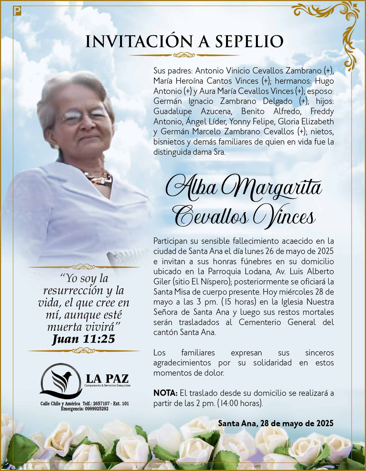 INVITACIÓN A SEPELIO: Alba Margarita Cevallos Vinces