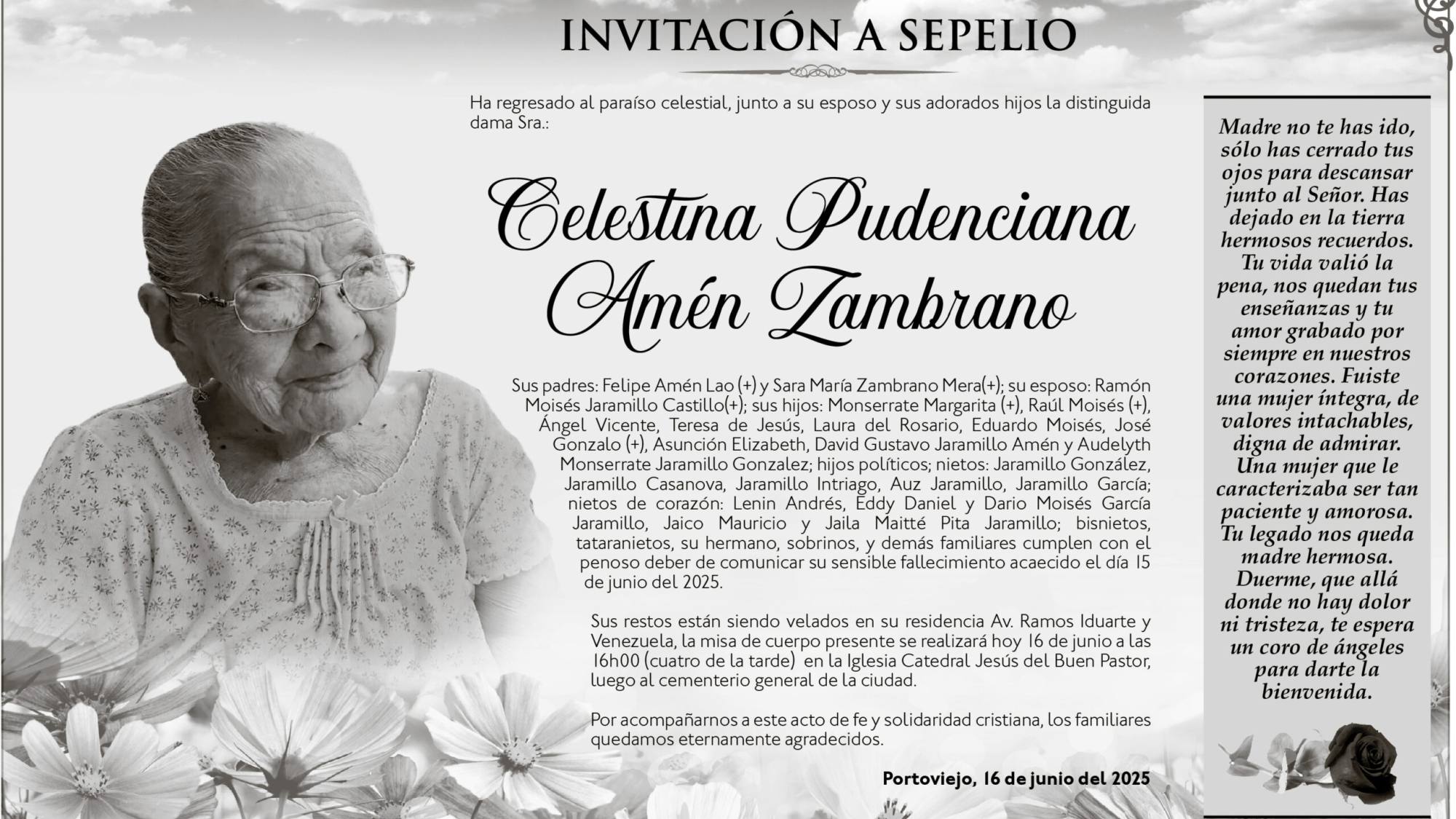 INVITACIÓN A SEPELIO: Celestina Pudenciana Amén Zambrano