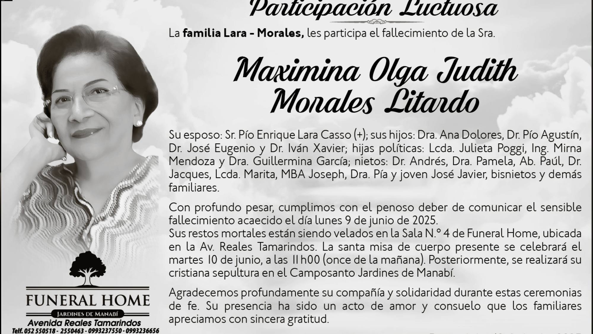 INVITACIÓN SEPELIO: Maximina Olga Judith Morales Litardo