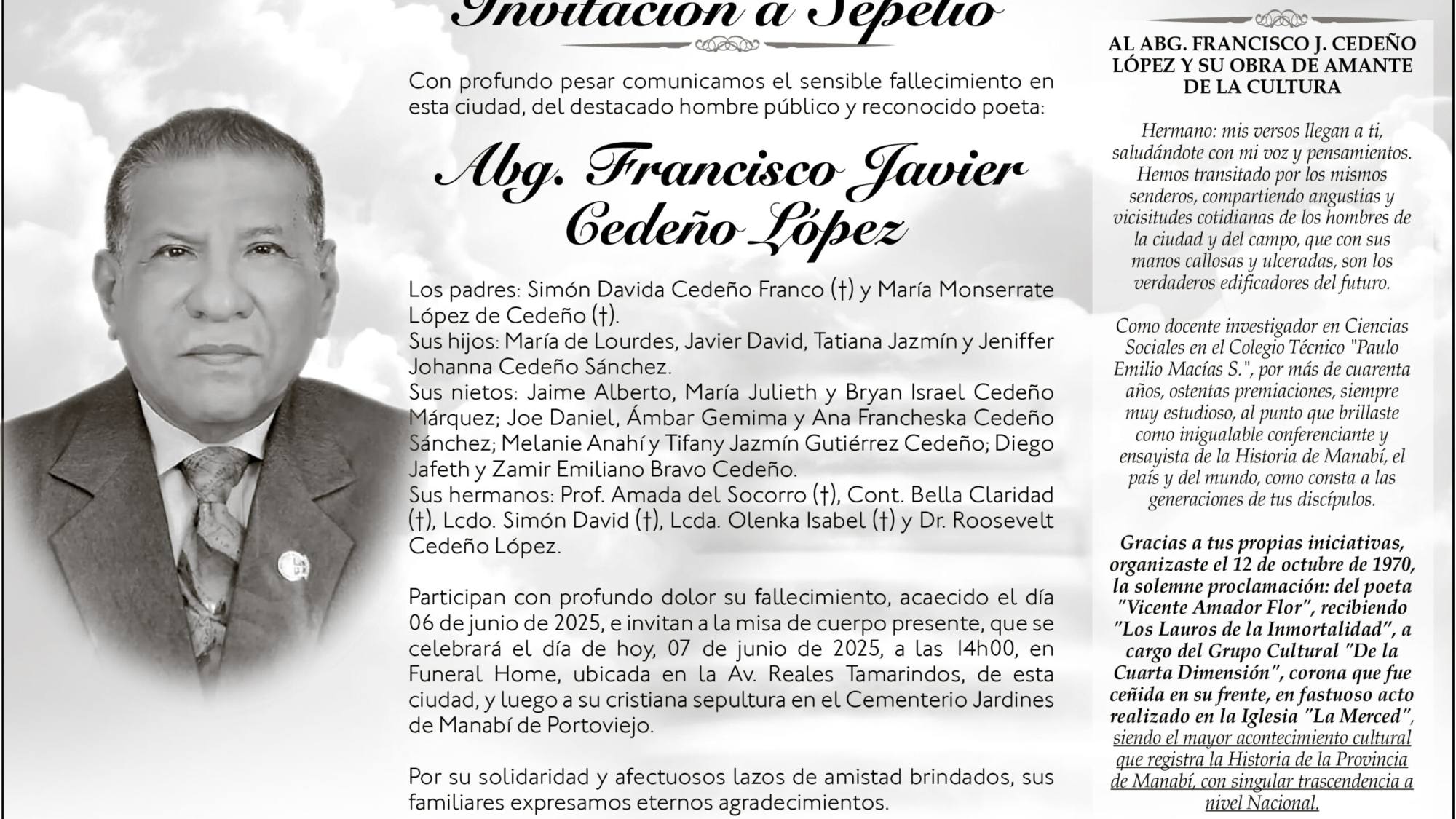 INVITACIÓN A SEPELIO: Abg. Francisco Javier Cedeño López