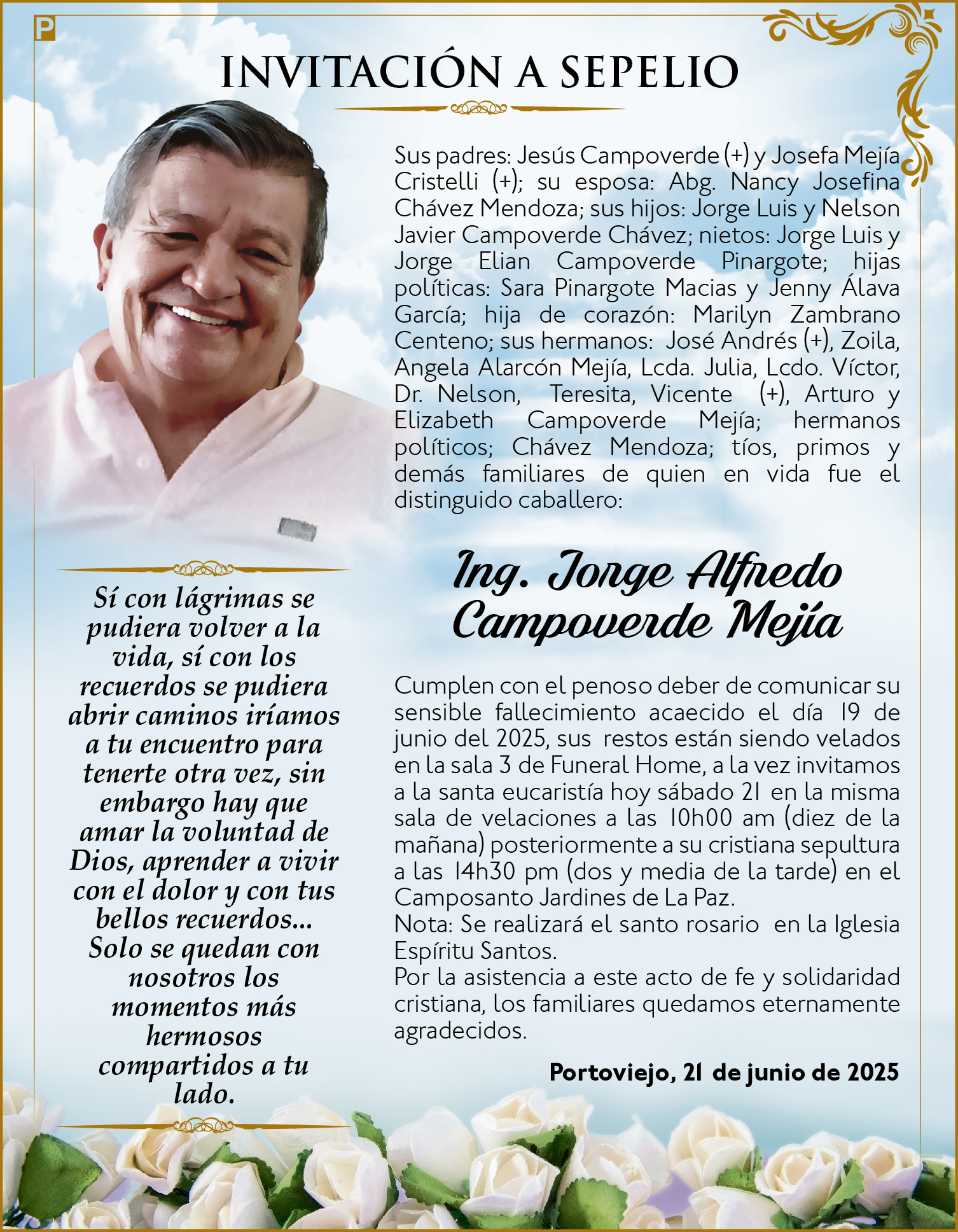 INVITACIÓN A SEPELIO: Ing. Jorge Alfredo Campoverde Mejía