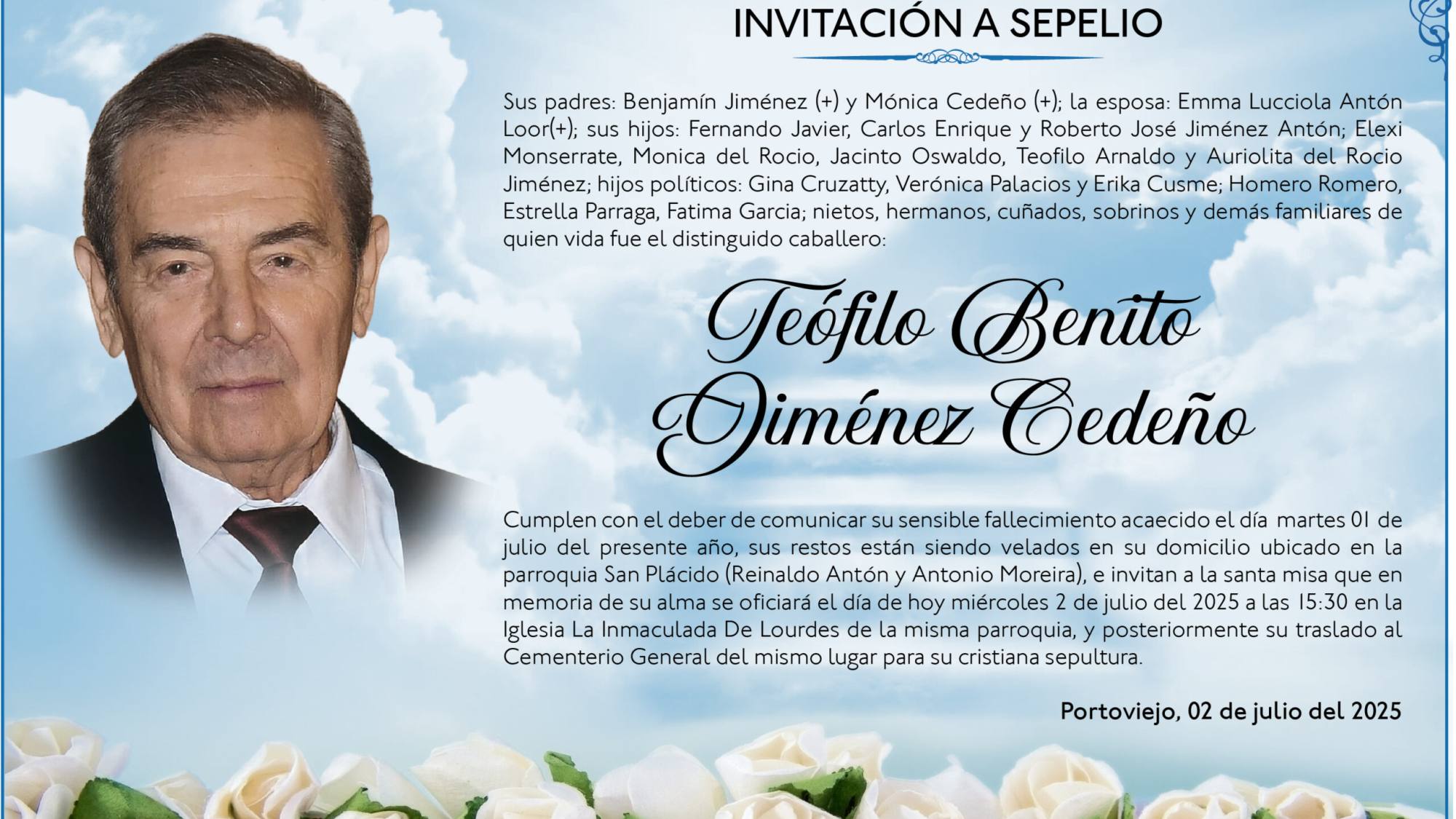 INVITACIÓN A SEPELIO: Teófilo Benito Jiménez Cedeño