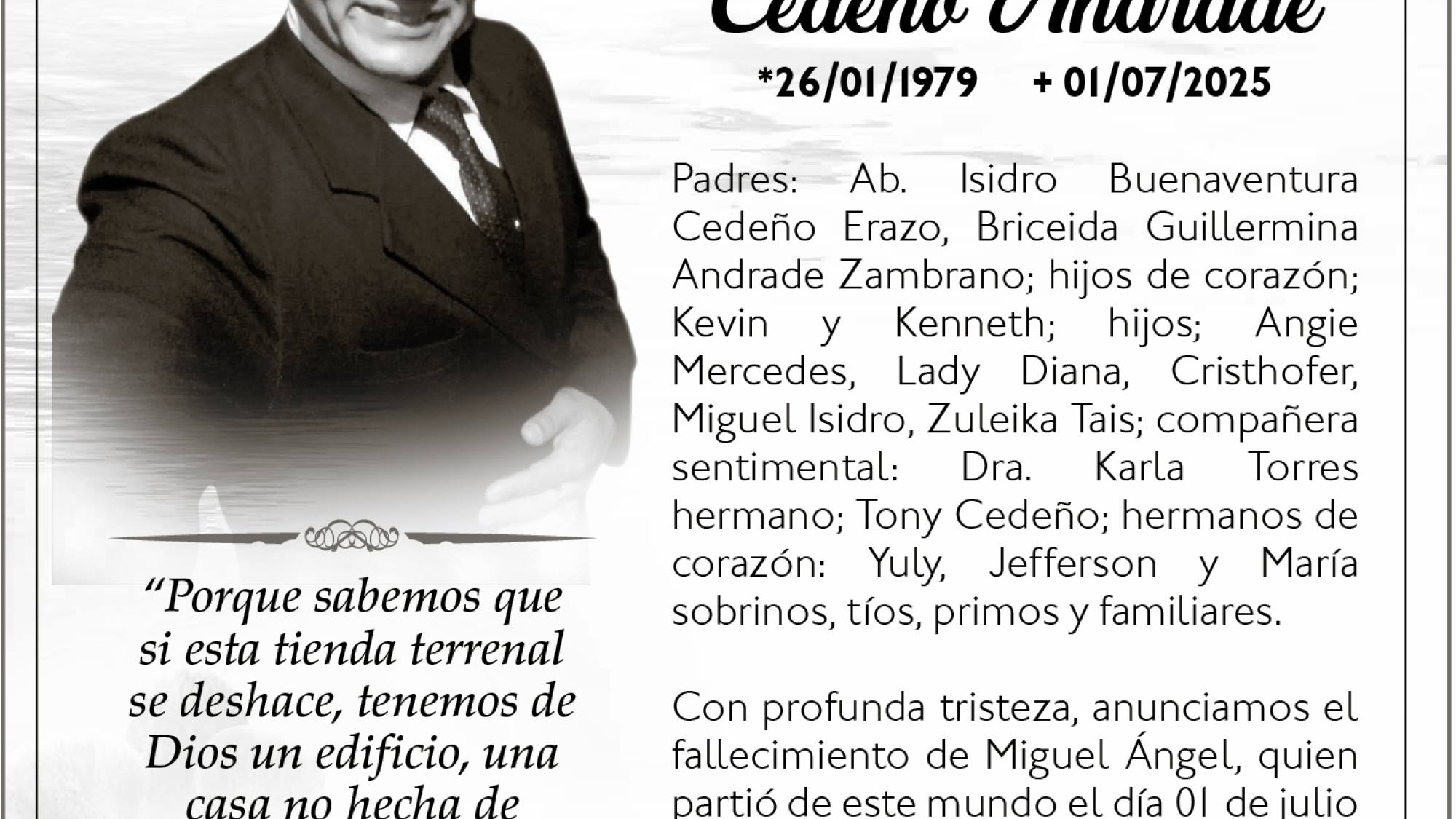 INVITACIÓN A SEPELIO: Sr. Miguel Ángel Cedeño Andrade