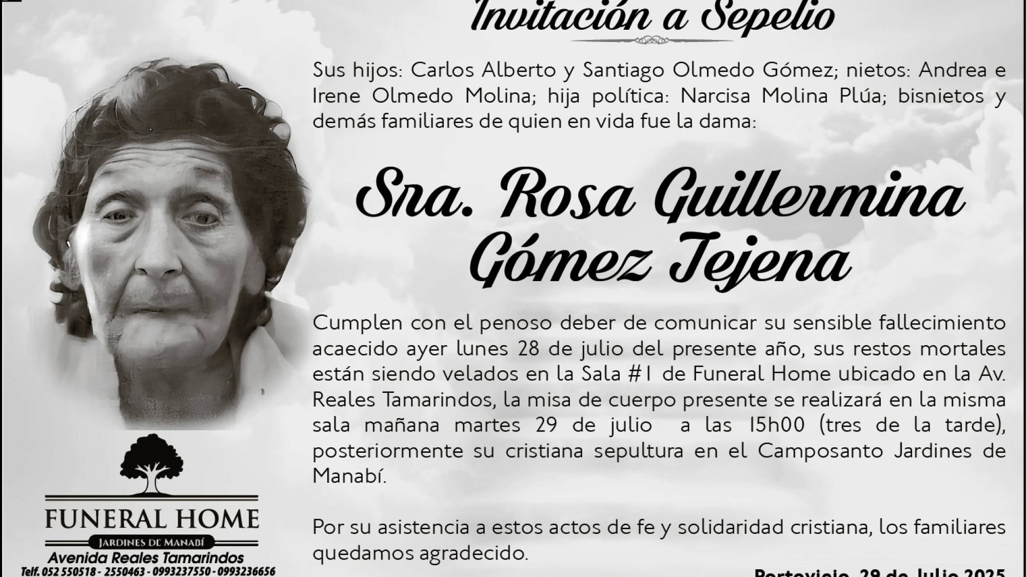 INVITACIÓN A SEPELIO: Sra. Rosa Guillermina Gómez Tejena