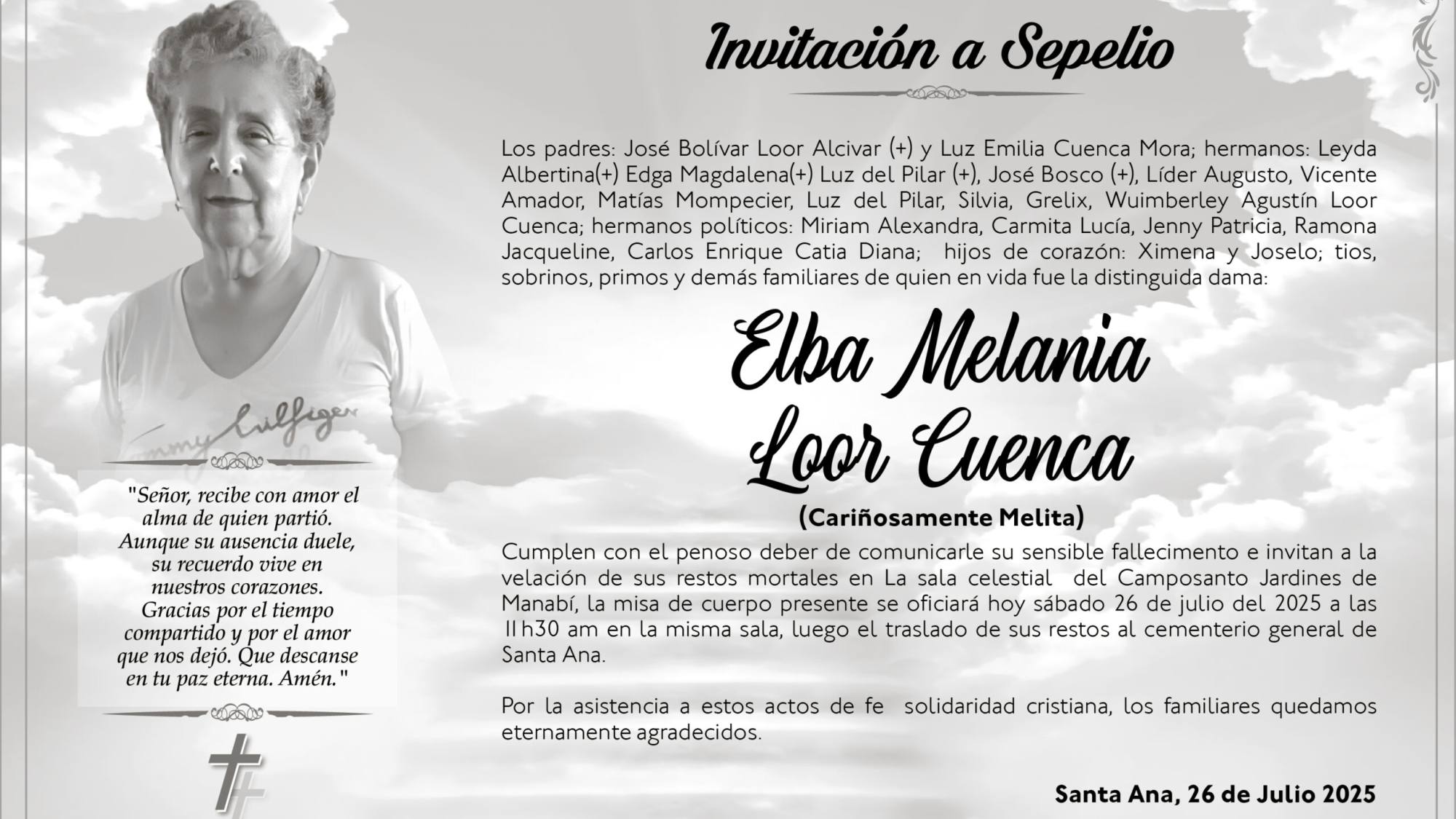 INVITACIÓN A SEPELIO: Elba Melania Loor Cuenca