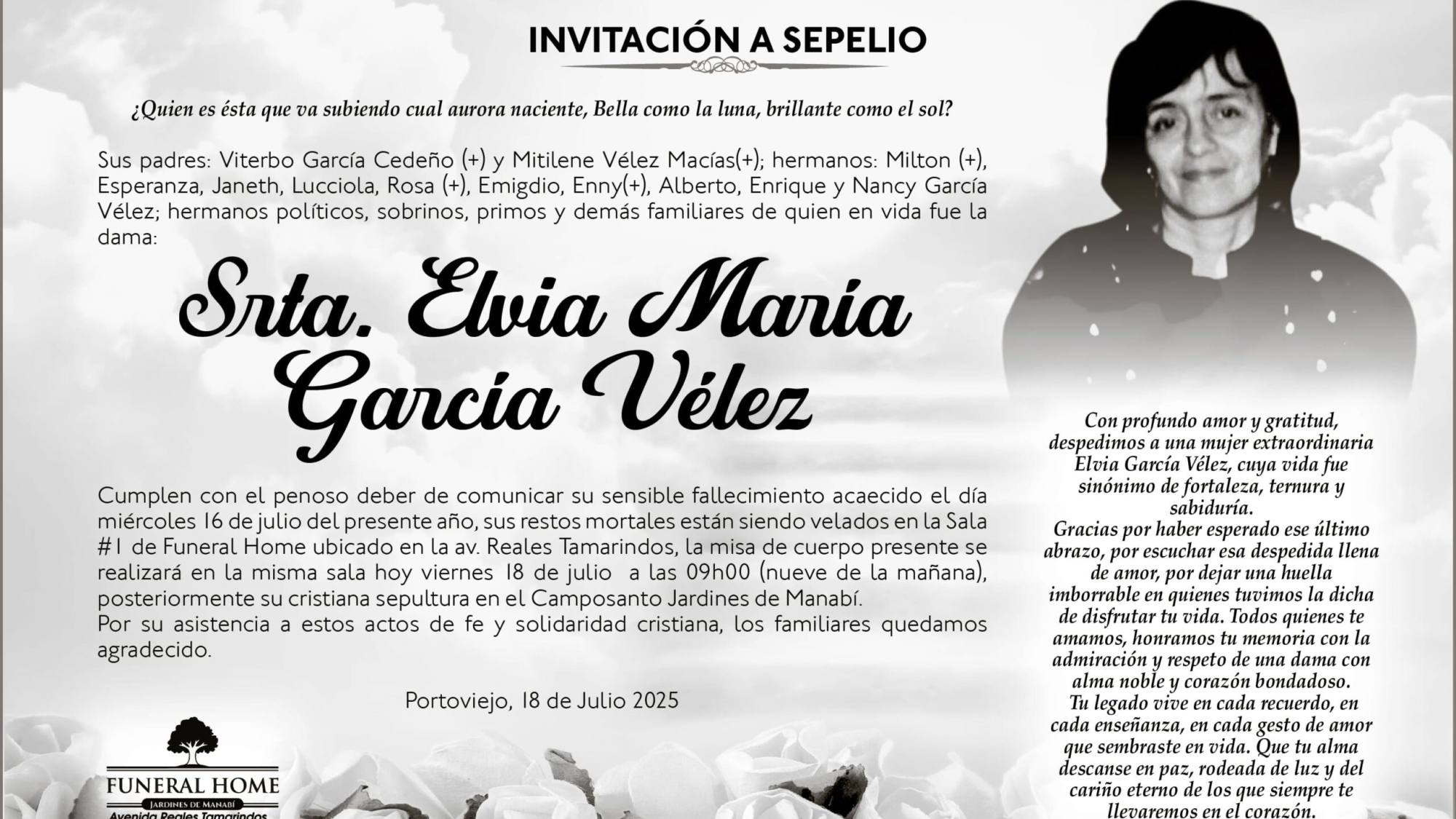 INVITACIÓN A SEPELIO: Srta. Elvia María García Vélez