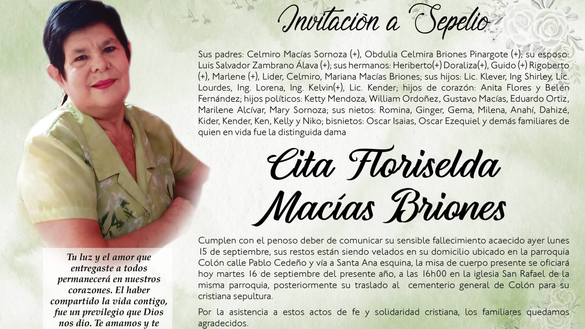 INVITACIÓN A SEPELIO: Cita Floriselda Macías Briones