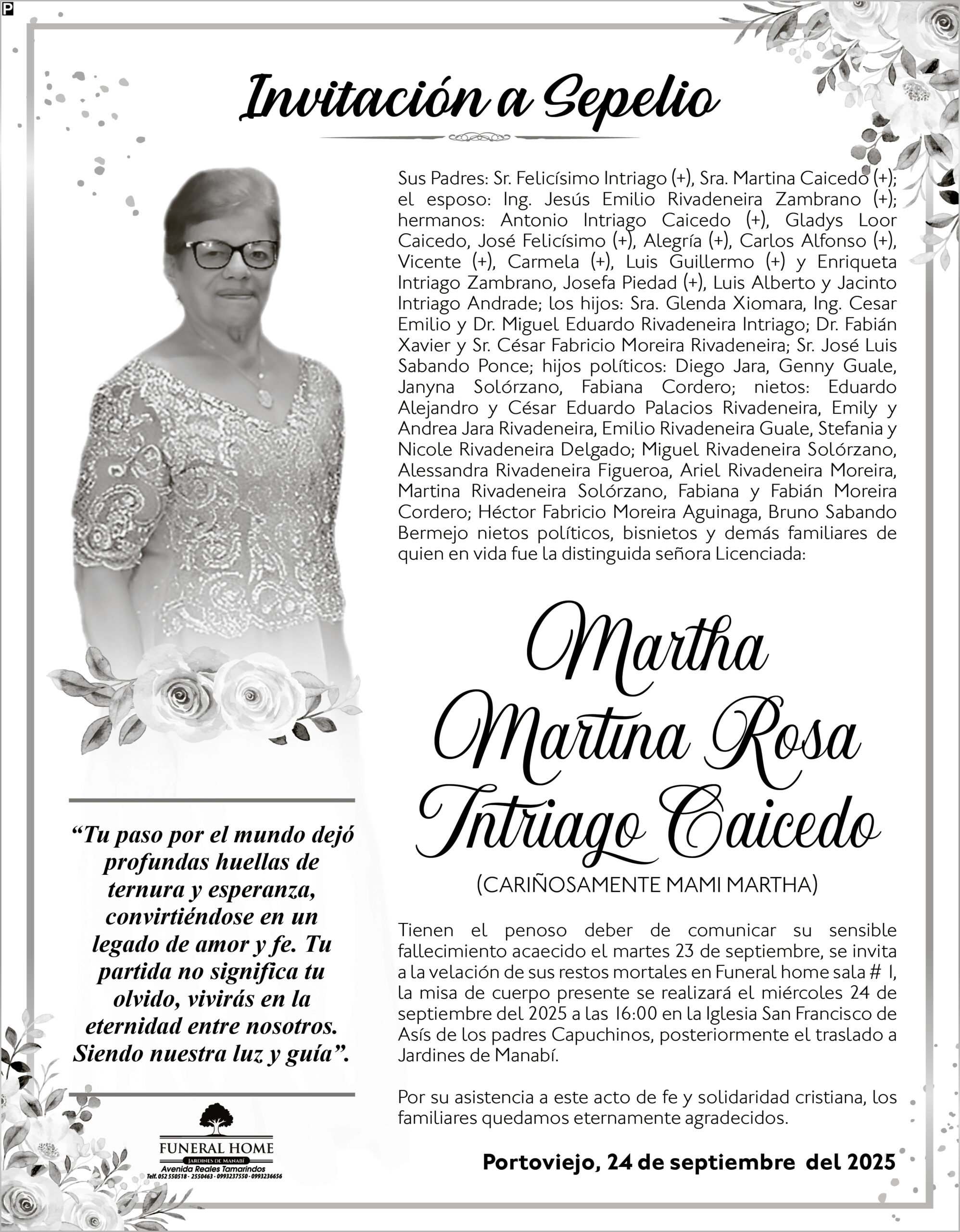 INVITACIÓN A SEPELIO: Martha Martina Rosa Intriago Caicedo