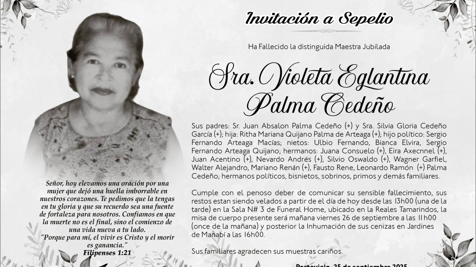 INVITACIÓN A SEPELIO: Sra. Violeta Eglantina Palma Cedeño