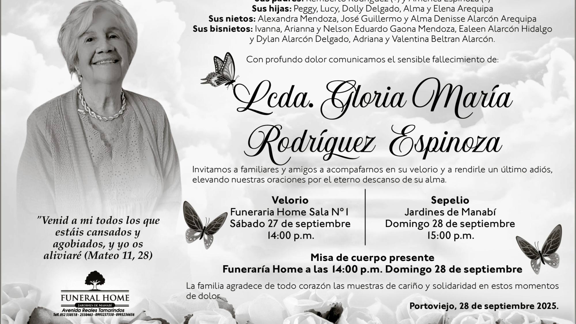 INVITACIÓN A SEPELIO: Lcda. Gloria María Rodríguez Espinoza