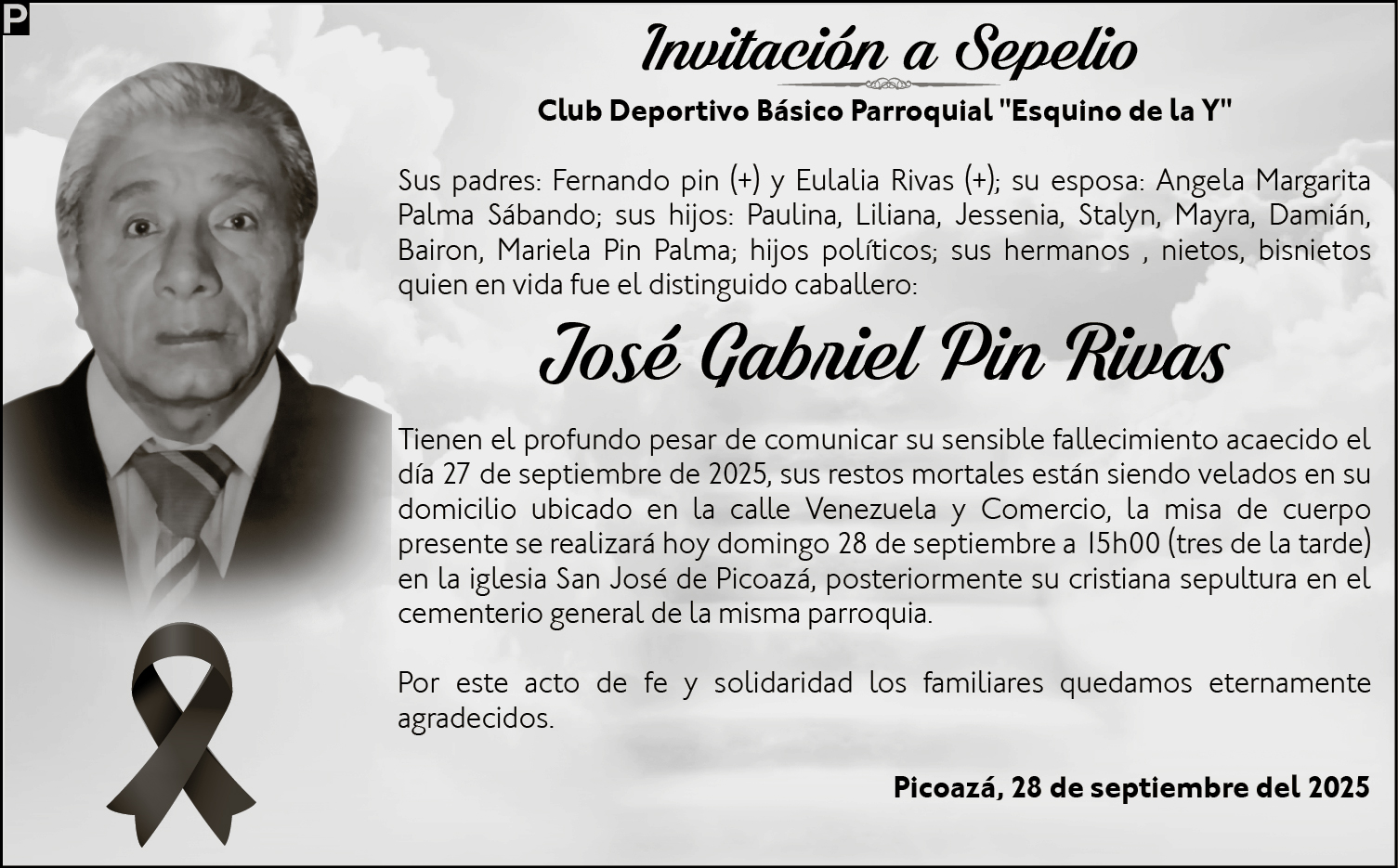 INVITACIÓN A SEPELIO: José Gabriel Pin Rivas