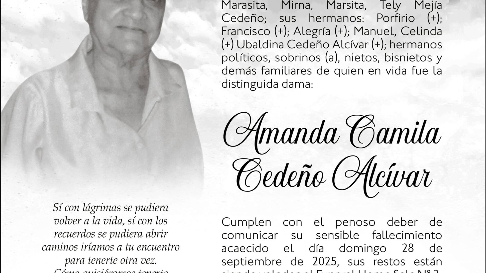 INVITACIÓN A SEPELIO: Amanda Camila Cedeño Alcívar