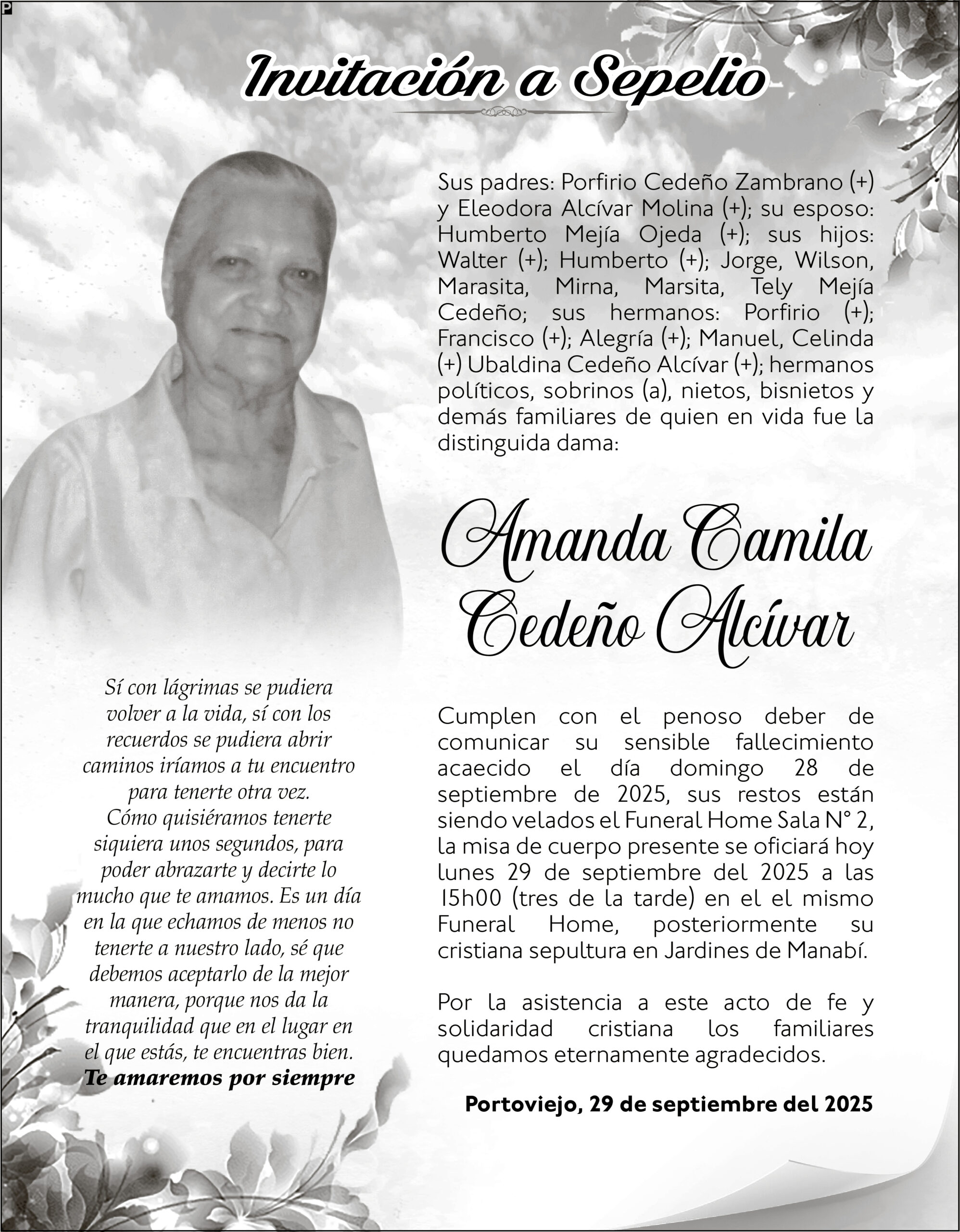 INVITACIÓN A SEPELIO: Amanda Camila Cedeño Alcívar