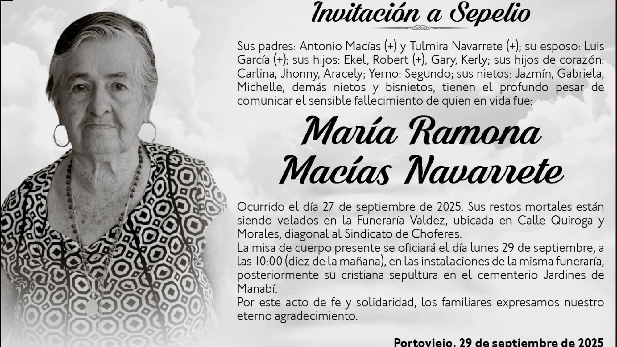 INVITACIÓN A SEPELIO: María Ramona Macías Navarrete