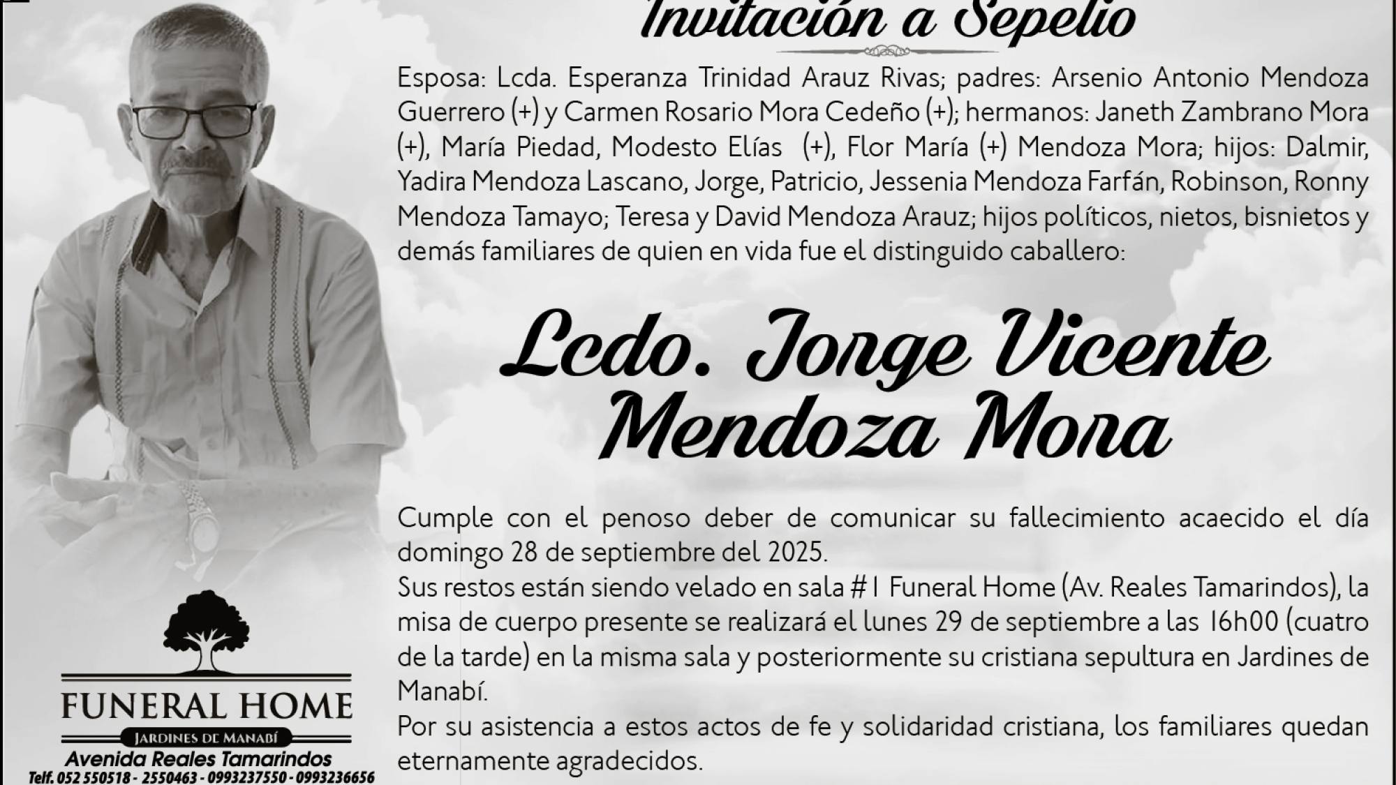 INVITACIÓN A SEPELIO: Lcdo. Jorge Vicente Mendoza Mora