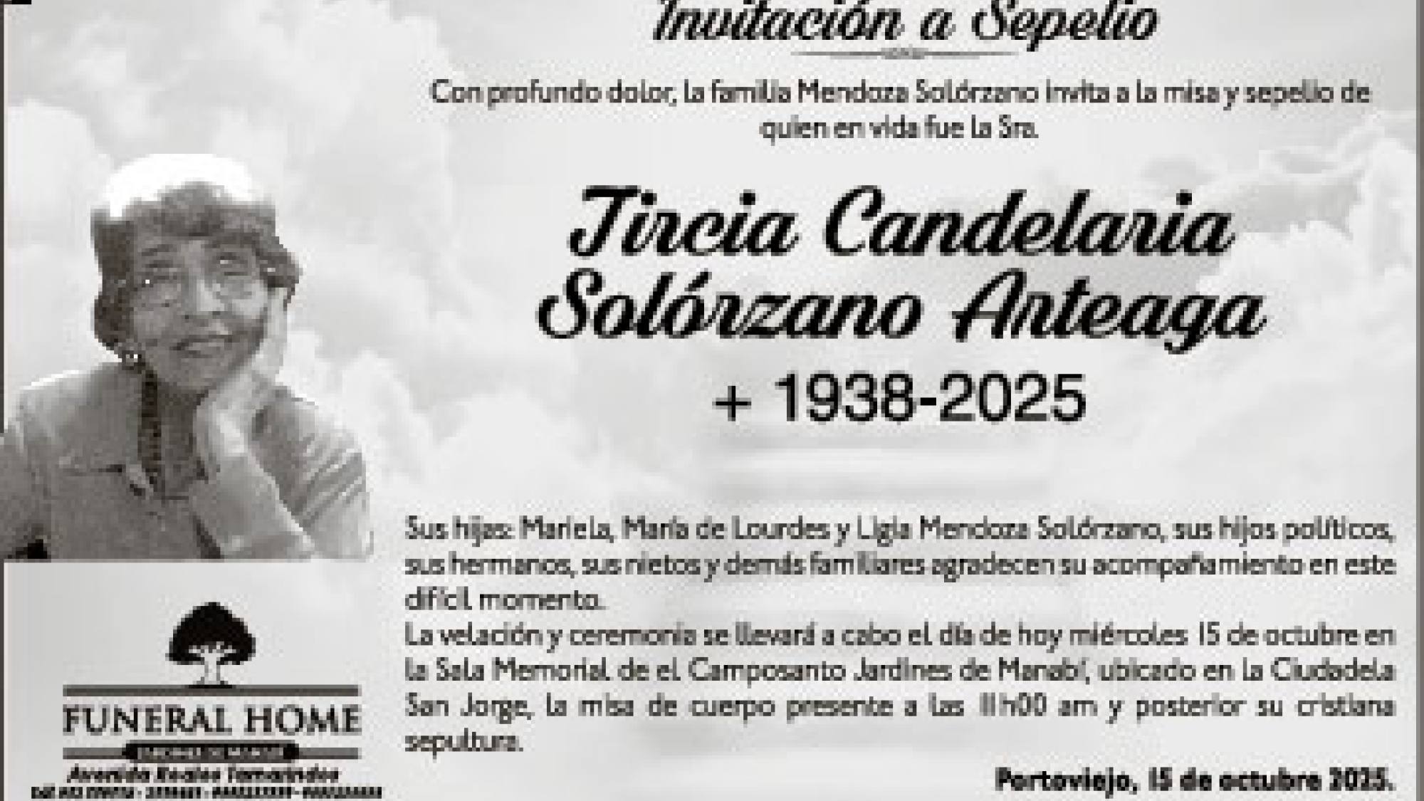 INVITACIÓN A SEPELIO: Tircia Candelaria Solórzano Arteaga