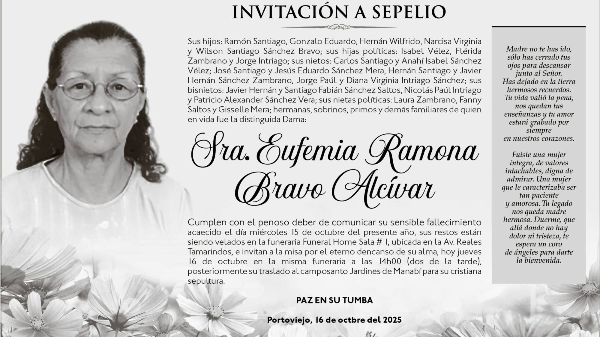 INVITACIÓN A SEPELIO: Sra. Eufemia Ramona Bravo Alcívar