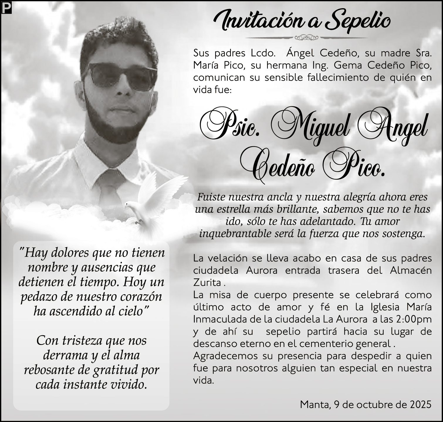 INVITACIÓN A SEPELIO: Psic. Miguel Angel Cedeño Pico