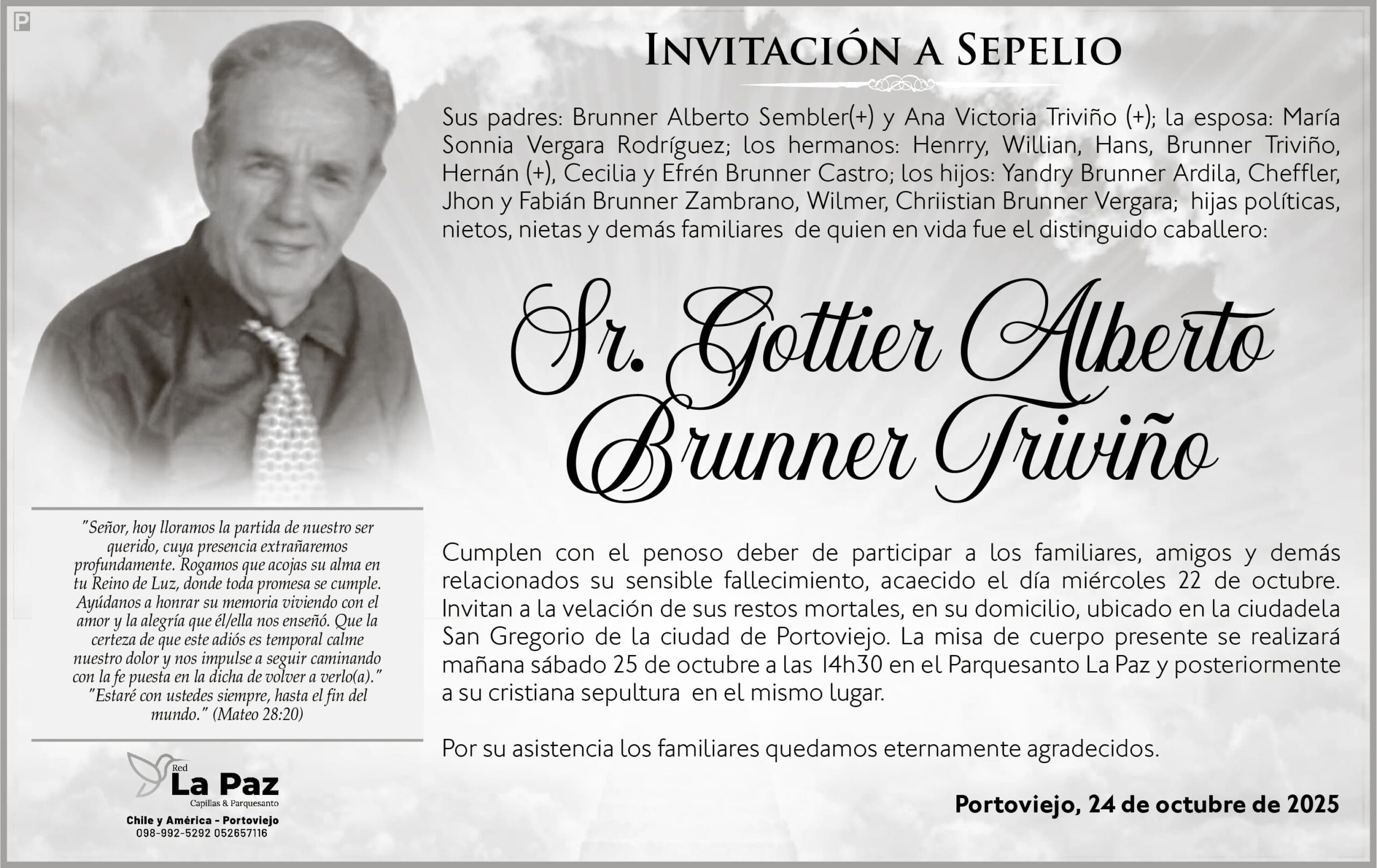 INVITACIÓN A SEPELIO: Sr. Gottier Alberto Brunner Triviño