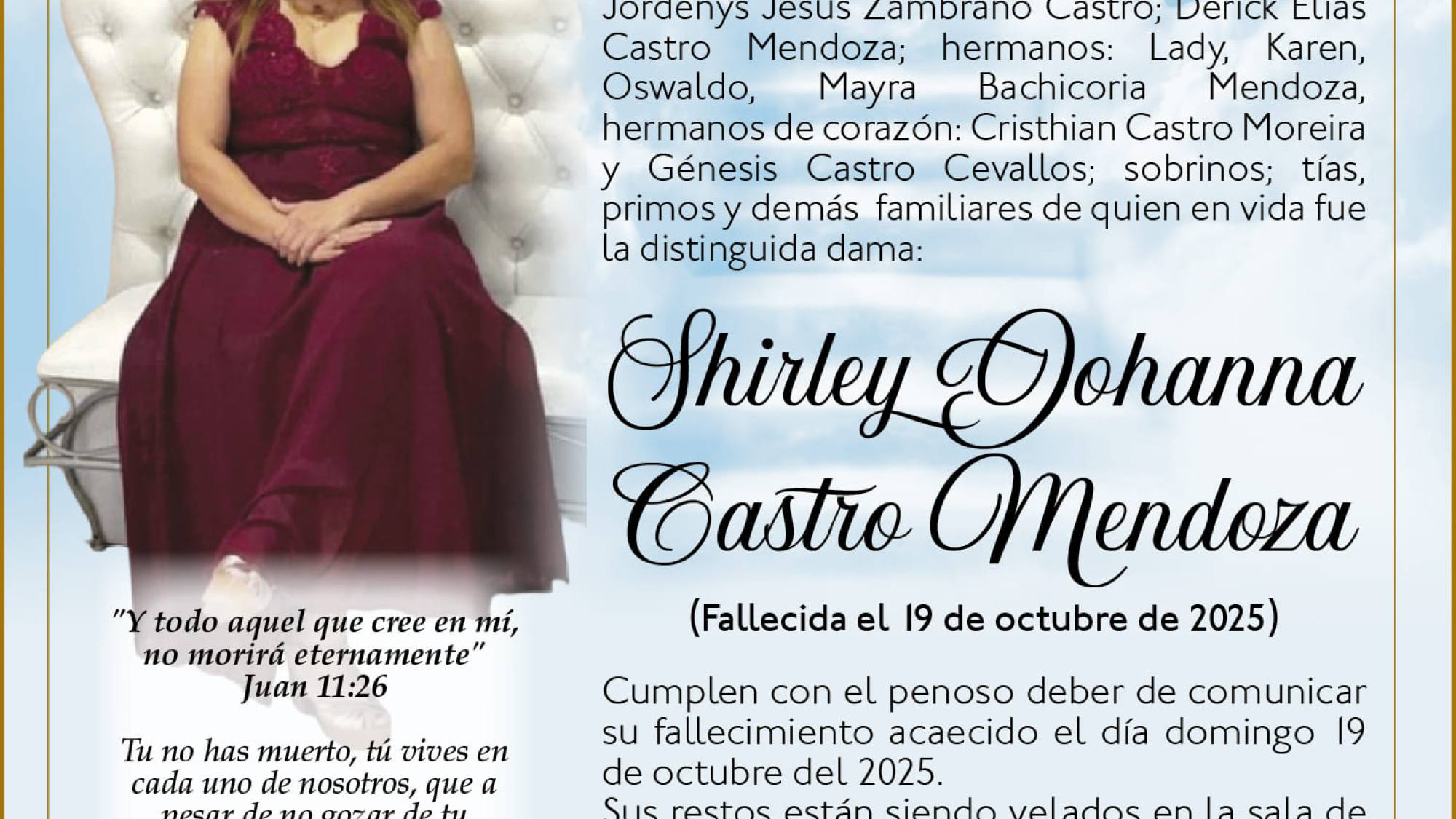INVITACIÓN A SEPELIO: Shirley Johanna Castro Mendoza