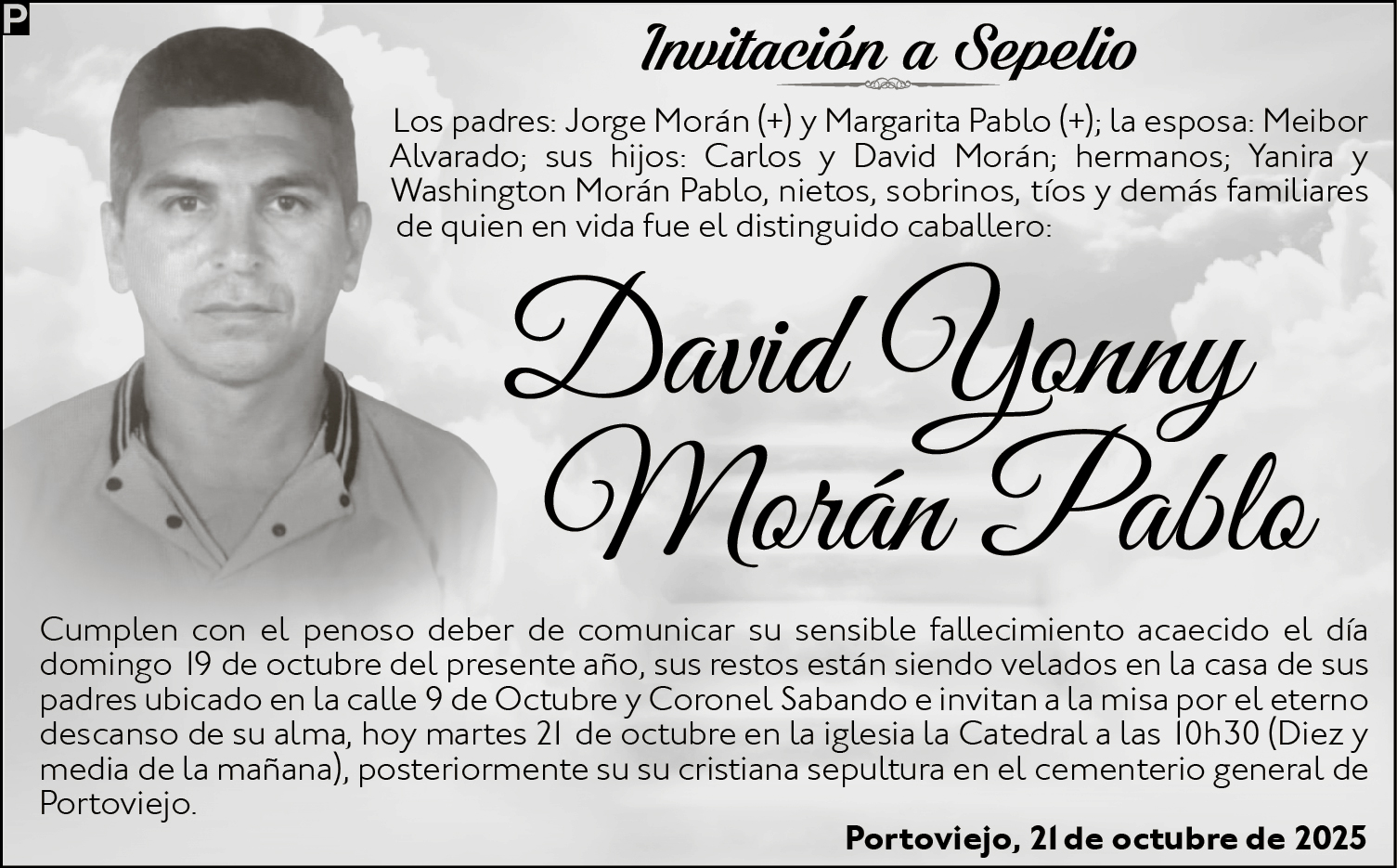 INVITACIÓN A SEPELIO: David Yonny Morán Pablo