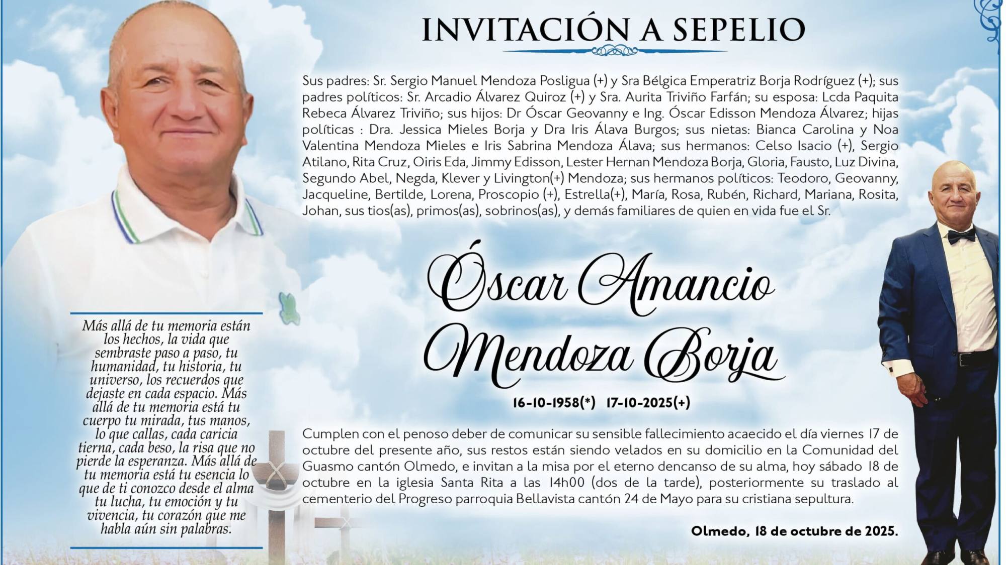 INVITACIÓN A SEPELIO: Óscar Amancio Mendoza Borja