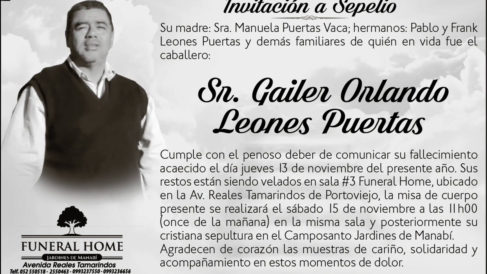INVITACIÓN A SEPELIO: Sr. Gailer Orlando Leones Puertas