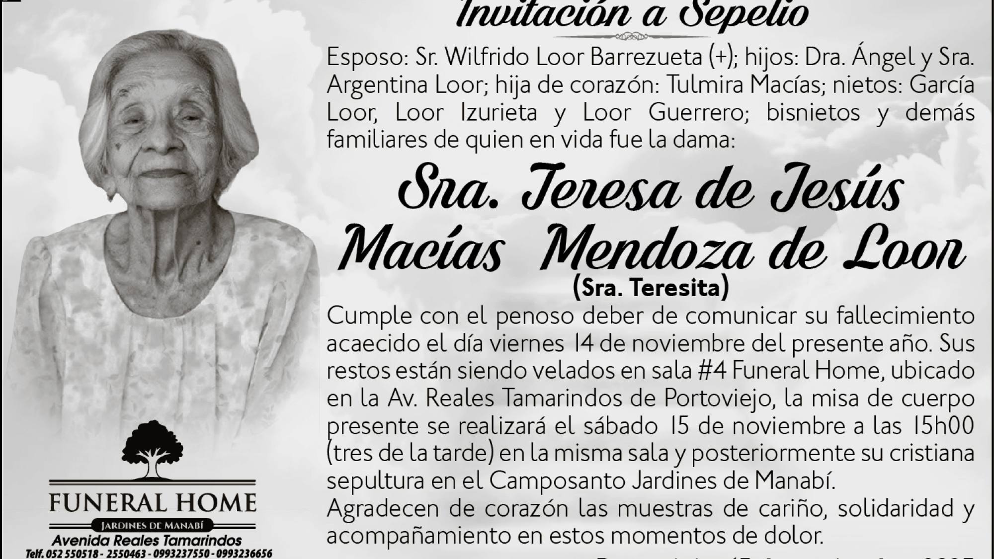 INVITACIÓN A SEPELIO: Sra. Teresa de Jesús Macías Mendoza de Loor