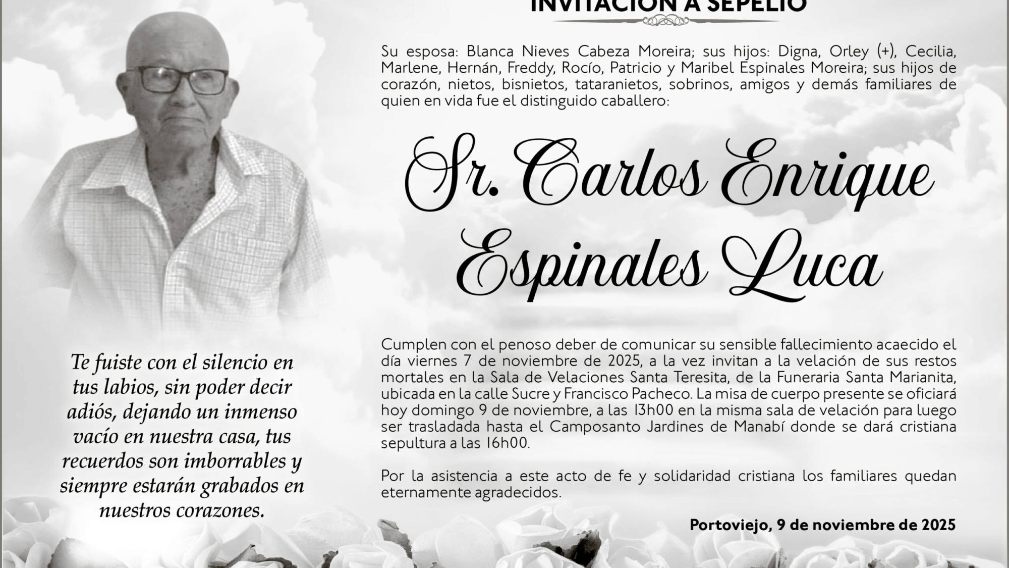 INVITACIÓN A SEPELIO: Sr. Carlos Enrique Espinales Luca