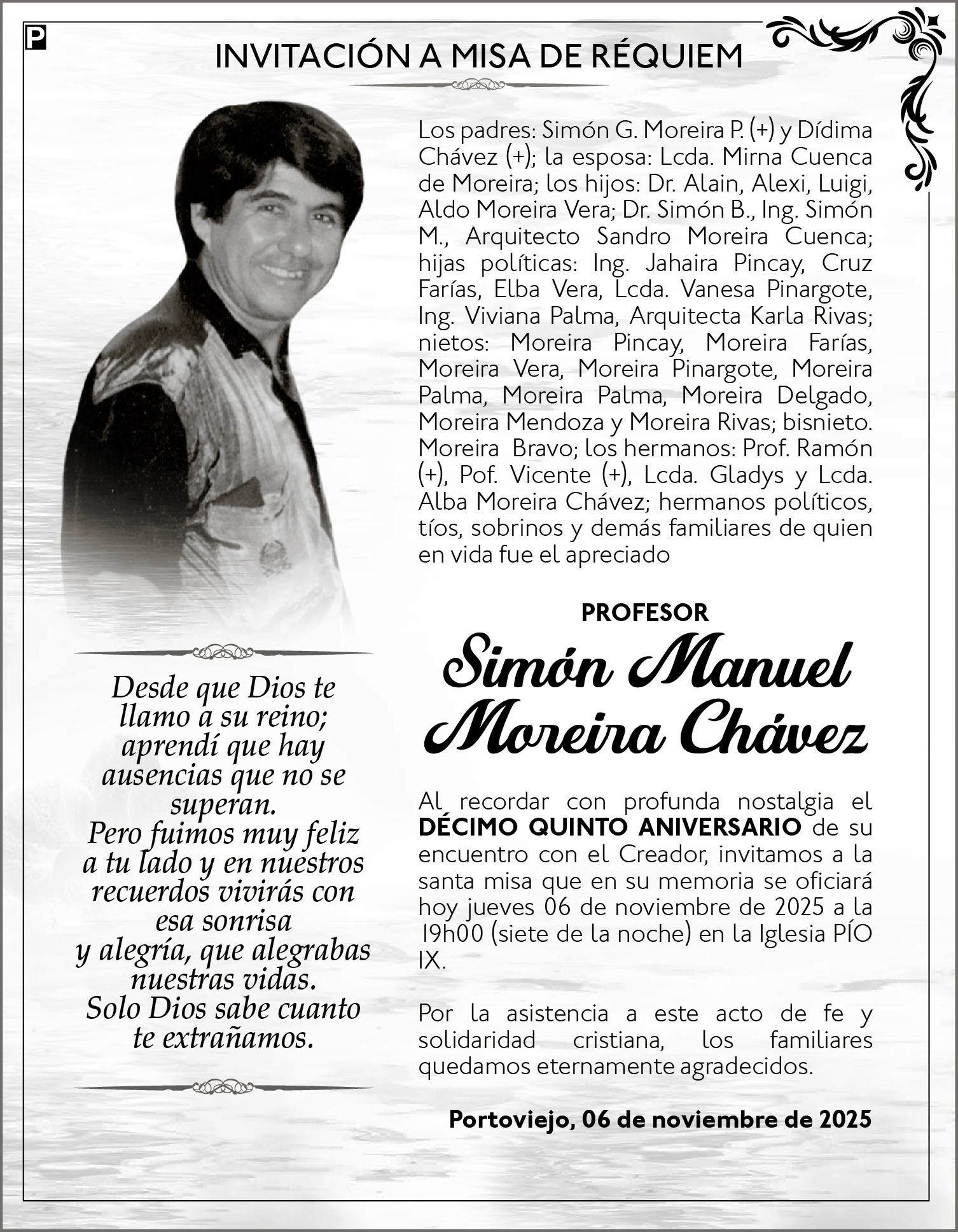 INVITACIÓN A MISA: Simón Manuel Moreira Chávez