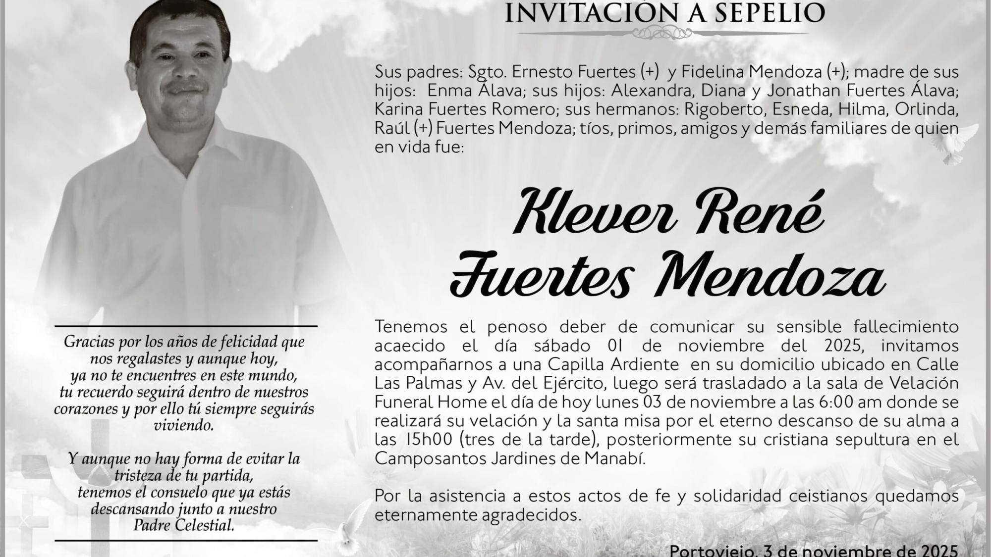 INVITACIÓN A SEPELIO: Klever René Fuertes Mendoza