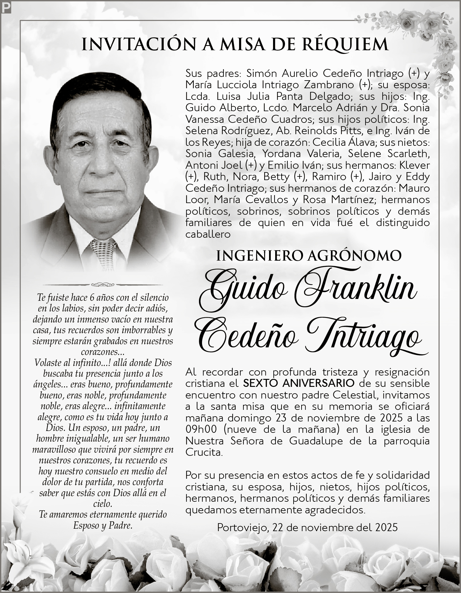 INVITACIÓN A MISA: Guido Franklin Cedeño Intriago