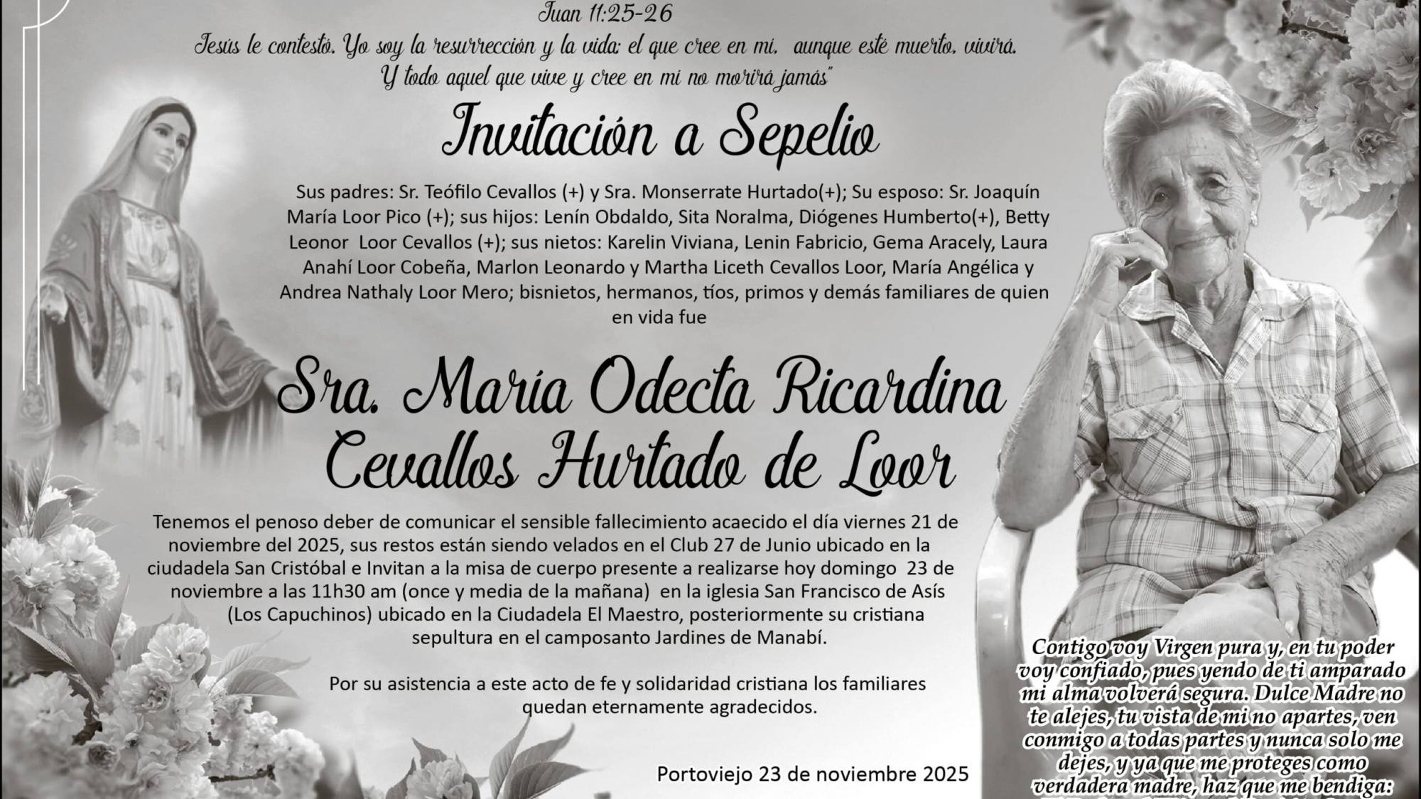 INVITACIÓN A SEPELIO: Sra. María Odecta Ricardina Cevallos Hurtado de Loor