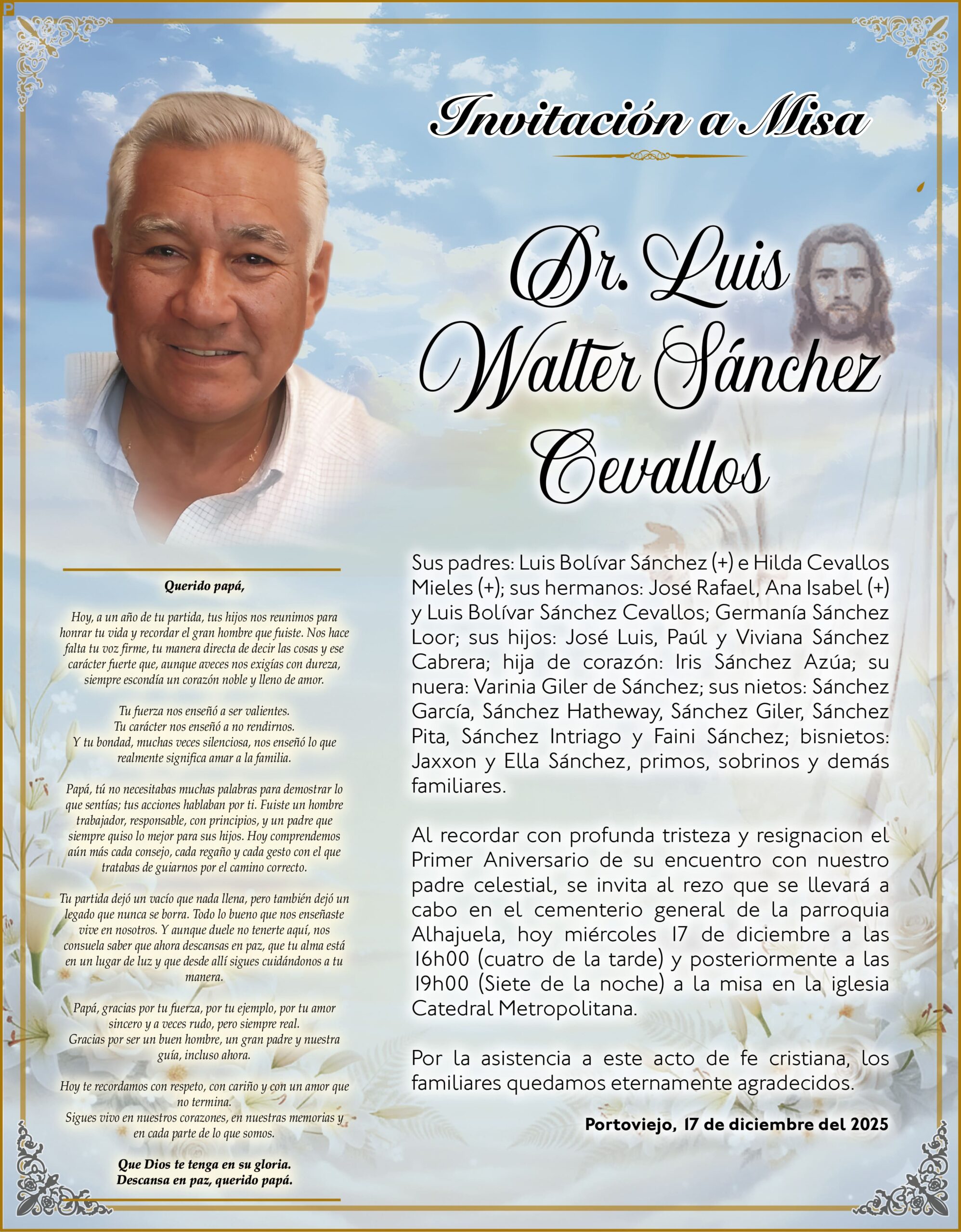 INVITACIÓN A MISA: Dr. Luis Walter Sánchez Cevallos