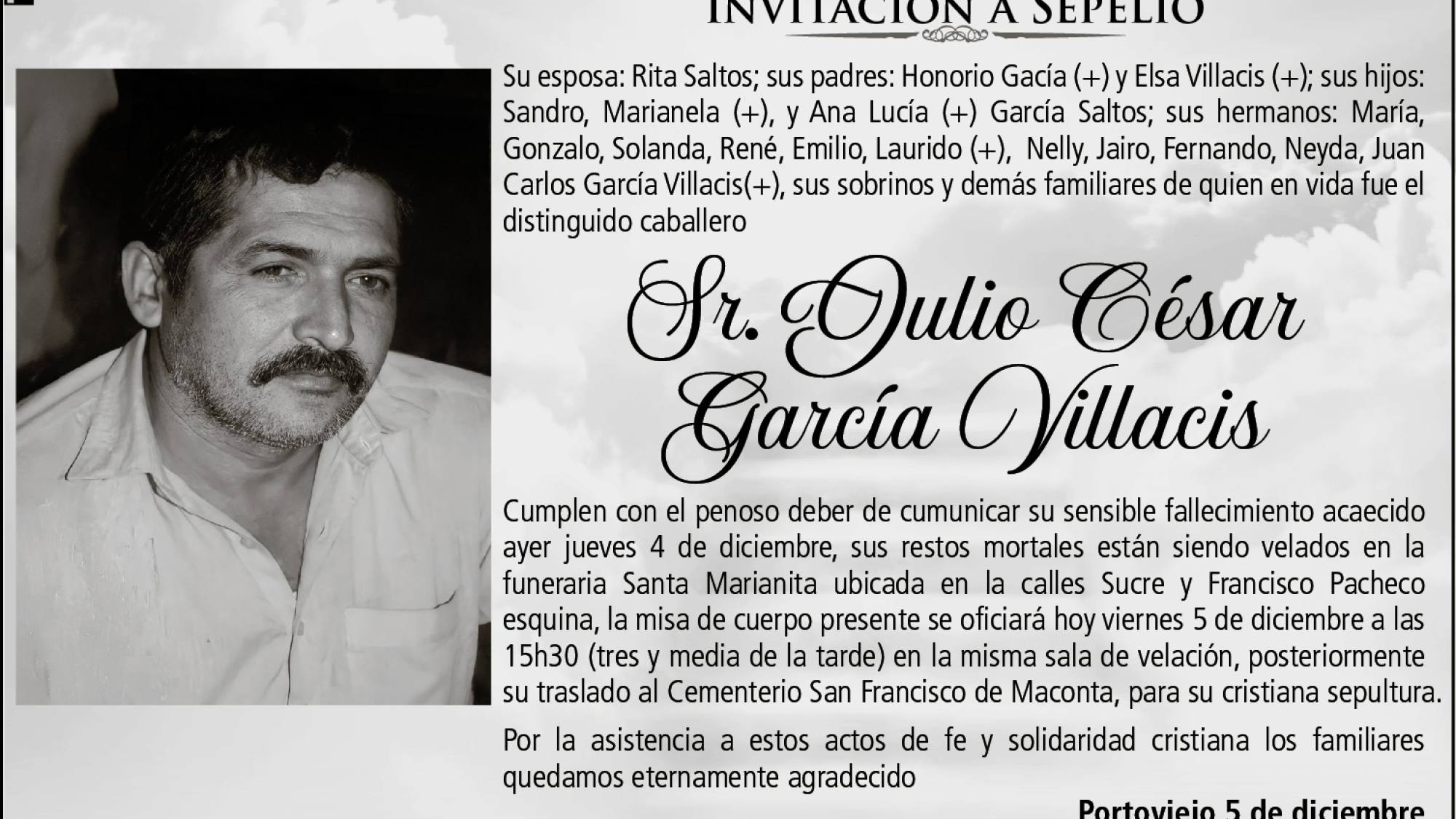 INVITACIÓN A SEPELIO: Sr. Julio César García Villacis