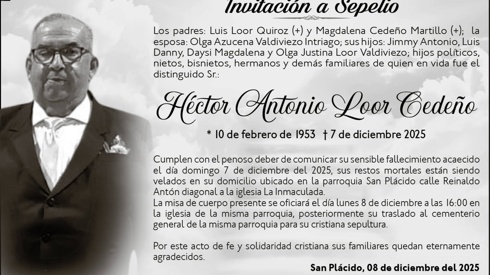 INVITACIÓN A SEPELIO: Héctor Antonio Loor Cedeño