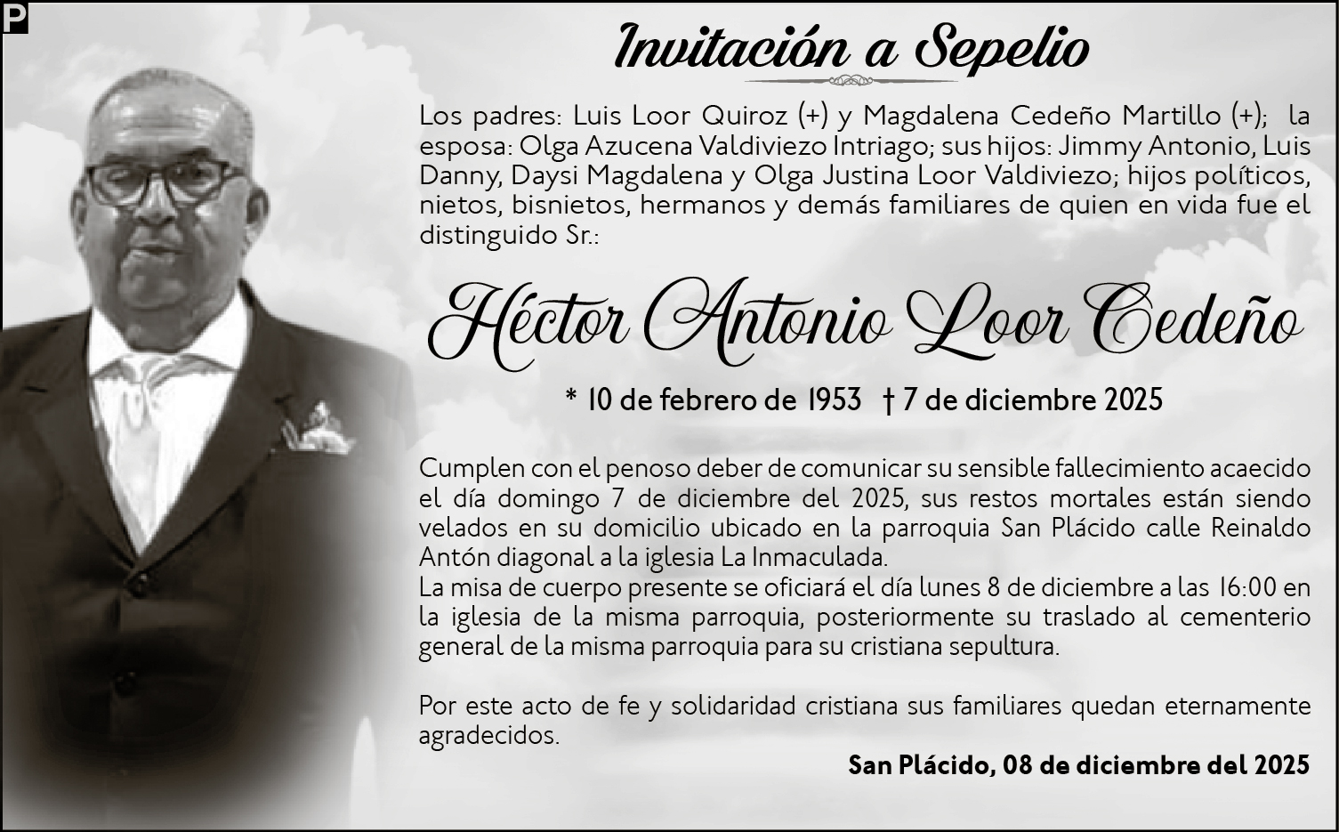 INVITACIÓN A SEPELIO: Héctor Antonio Loor Cedeño