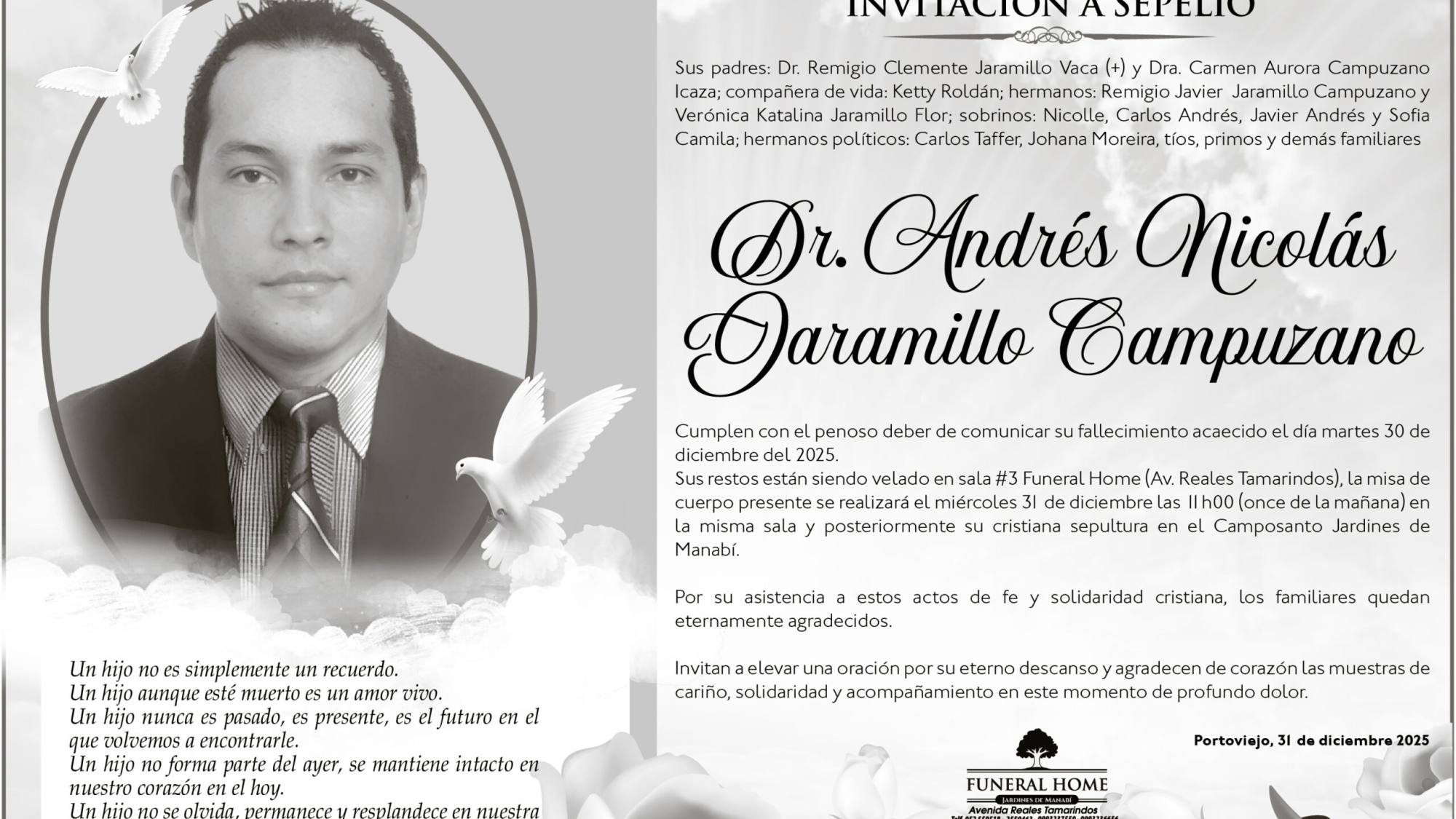 INVITACIÓN A SEPELIO: Dr. Andrés Nicolás Jaramillo Campuzano