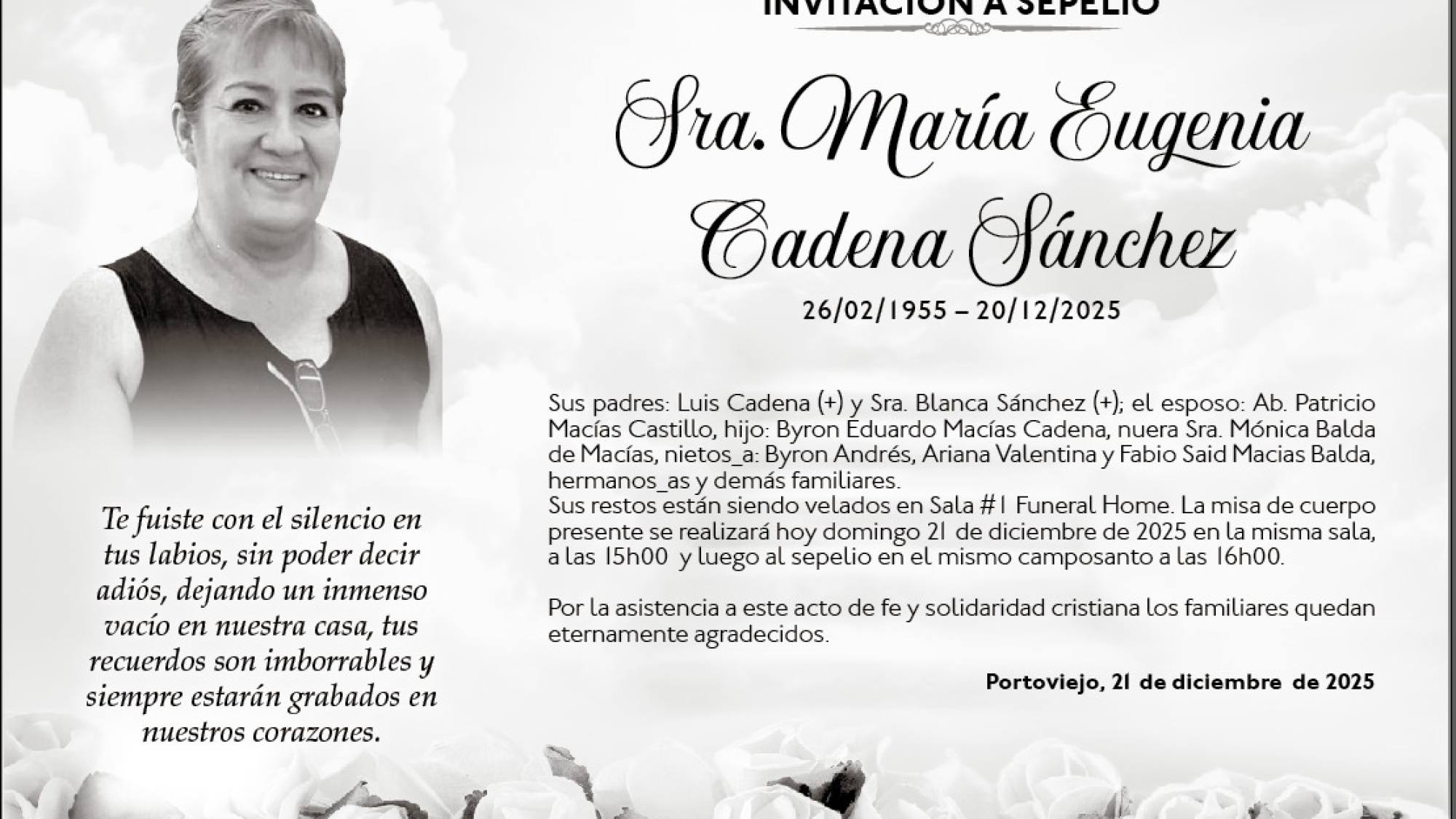 INVITACIÓN A SEPELIO: Sra. María Eugenia Cadena Sánchez