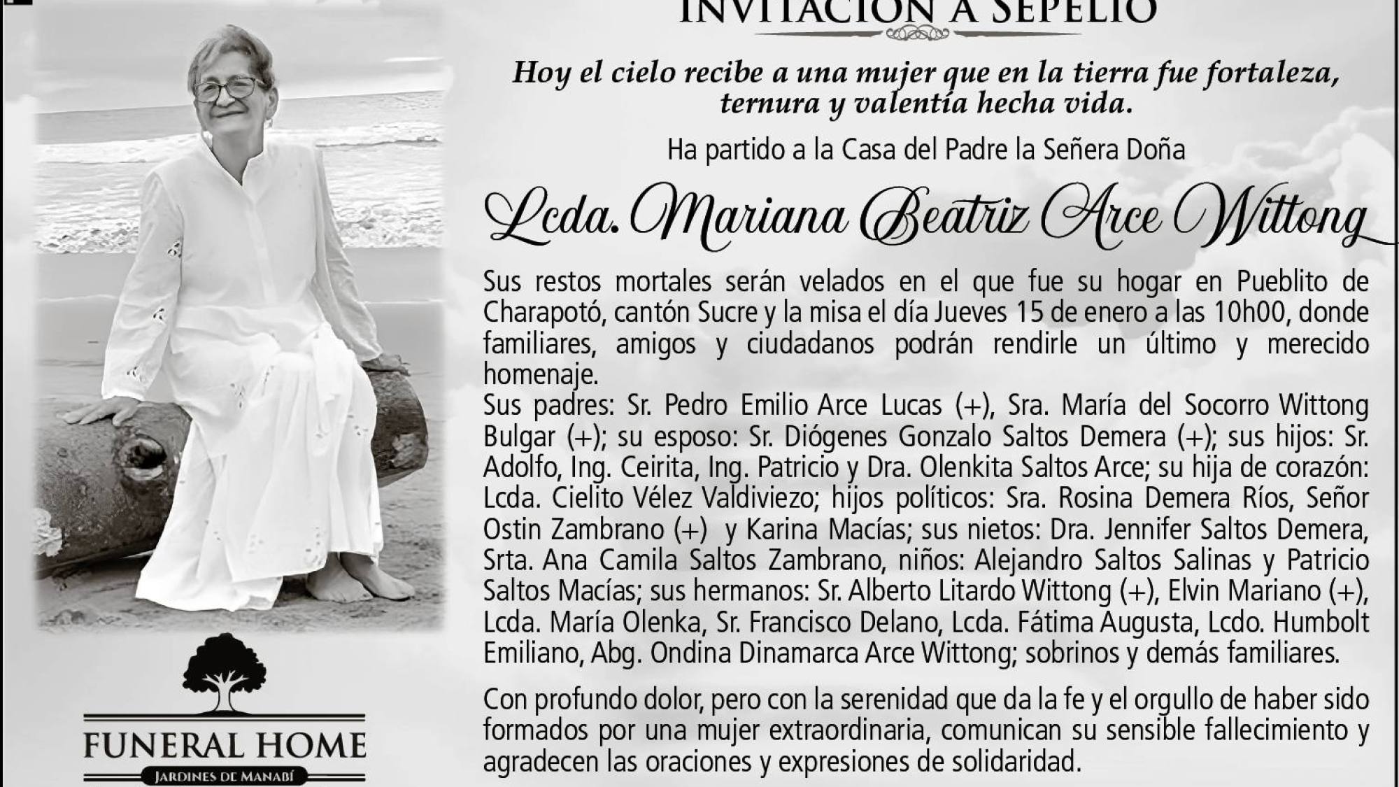 Invitación a sepelio de Mariana Beatriz Arce Wittong