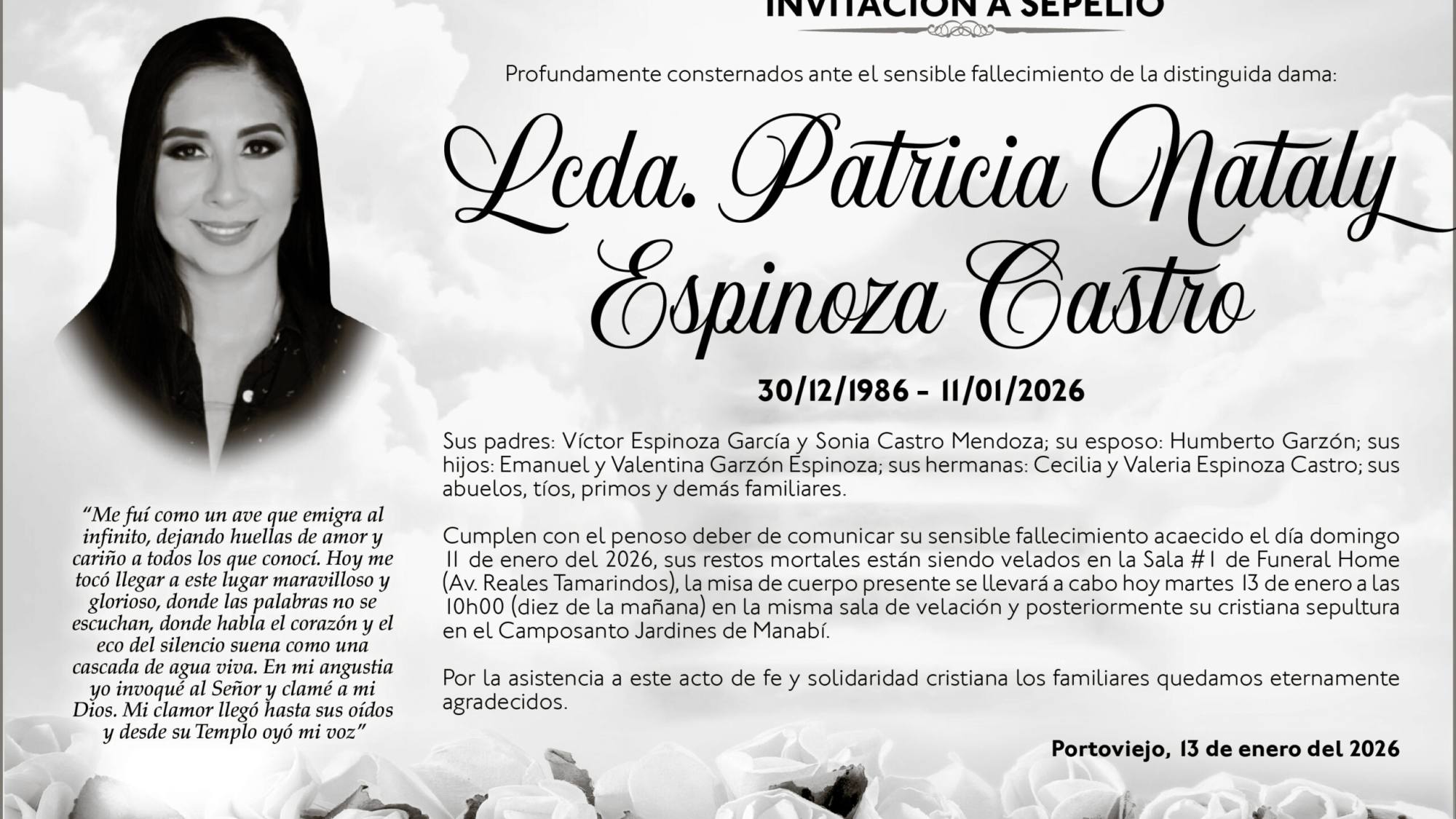 INVITACIÓN A SEPELIO: Lcda. Patricia Nataly Espinoza Castro