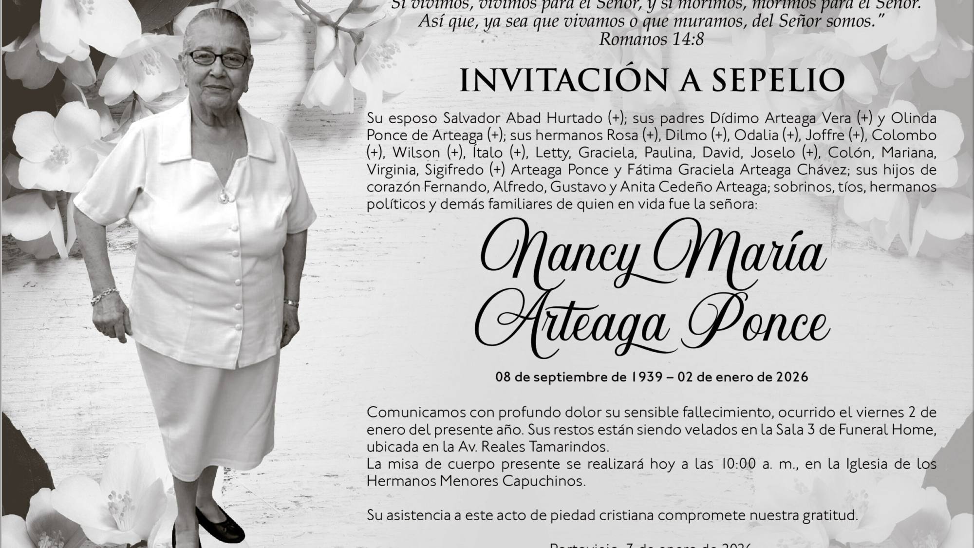 INVITACIÓN A SEPELIO: Nancy María Arteaga Ponce